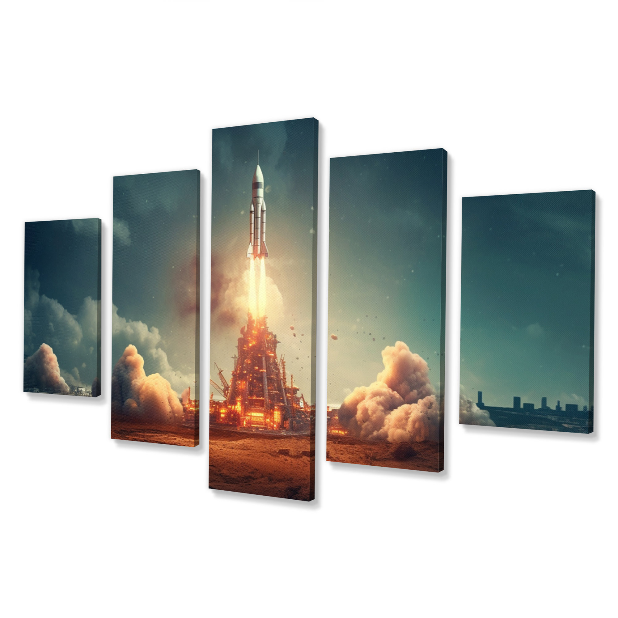 Design Art Vintage Spaceship Rocket I - Modern Wall Art Living Room - 5 ...