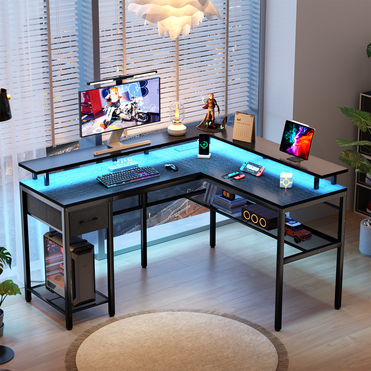 Ivy Bronx Hallsburg 55“ L Shaped Desk Gaming Desk with LED Lights ...