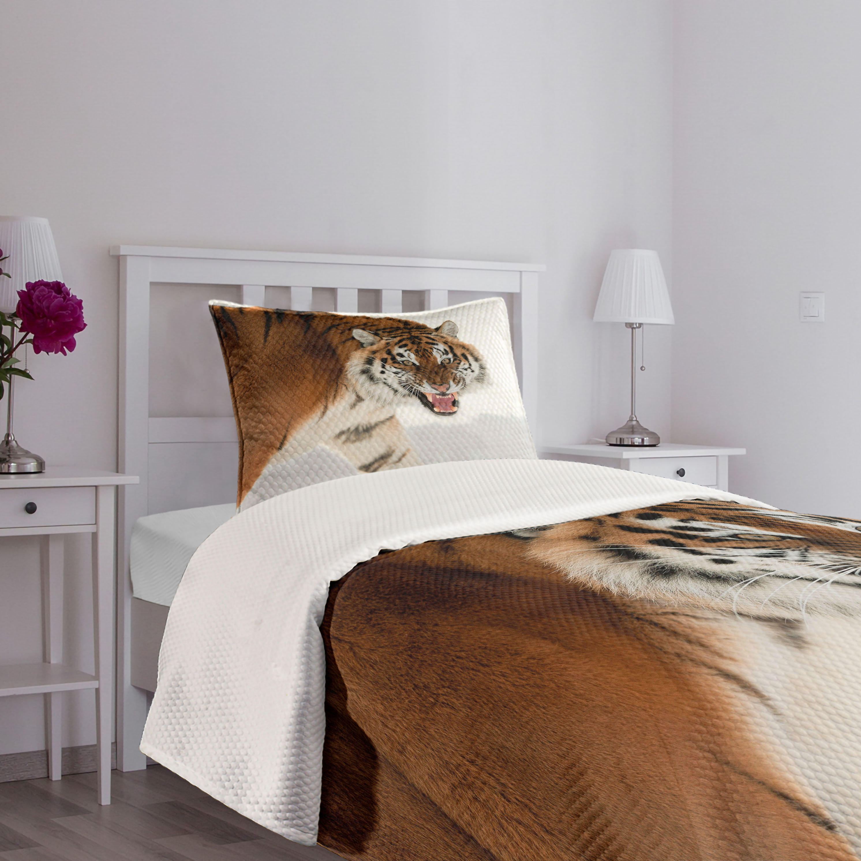 Ambesonne Tiger Bedspread Set Panthera on Snow Close Pale Brown | Wayfair