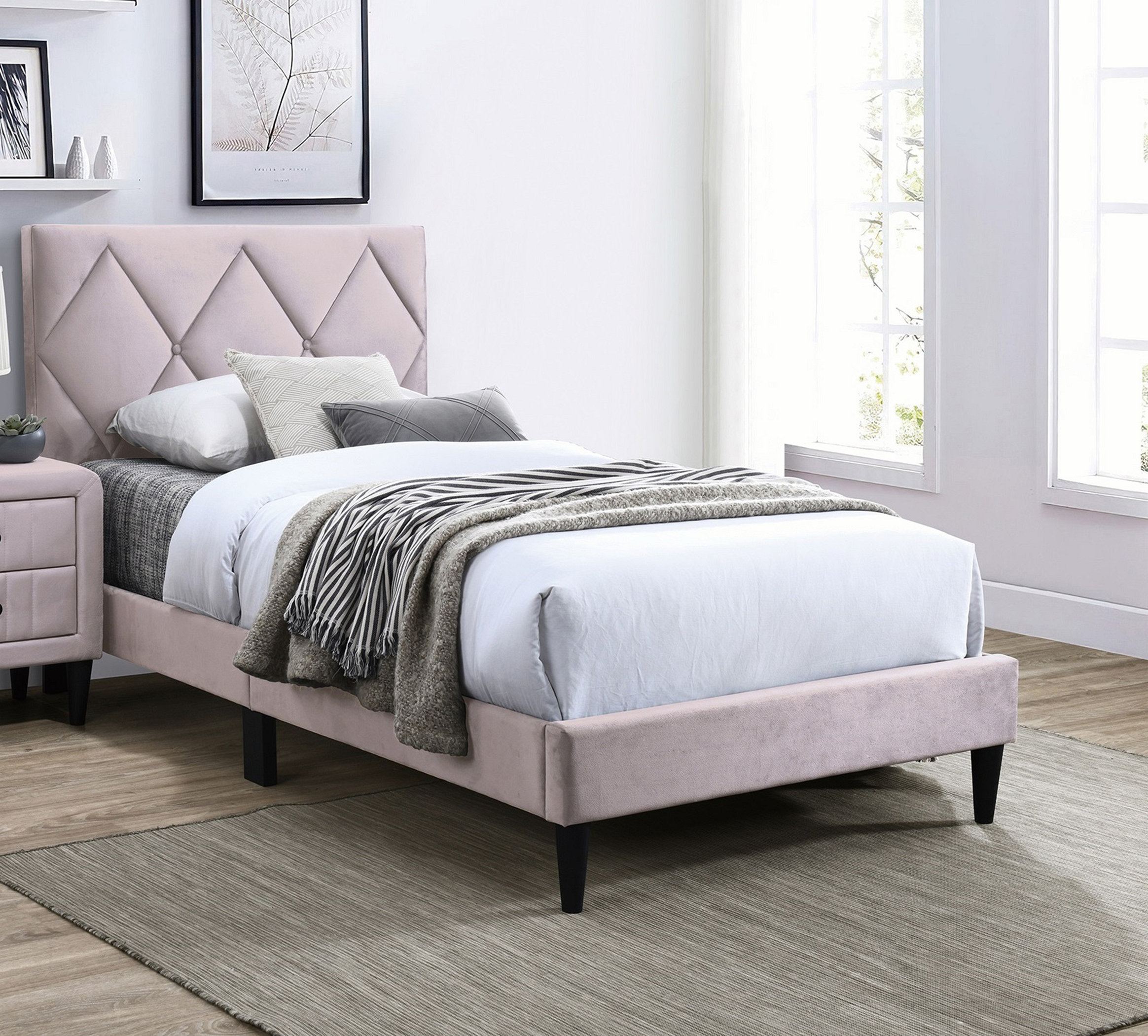 Mercer41 Full Size Bed W Adjustable Headboard 1Pc Bedframe, Light Pink ...