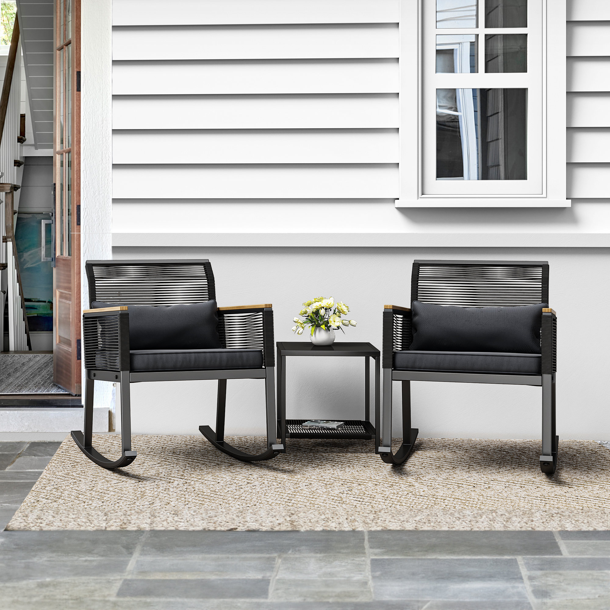 Latitude Run® Outdoor Patio 3-piece Rocking Black Wicker Bistro Set ...