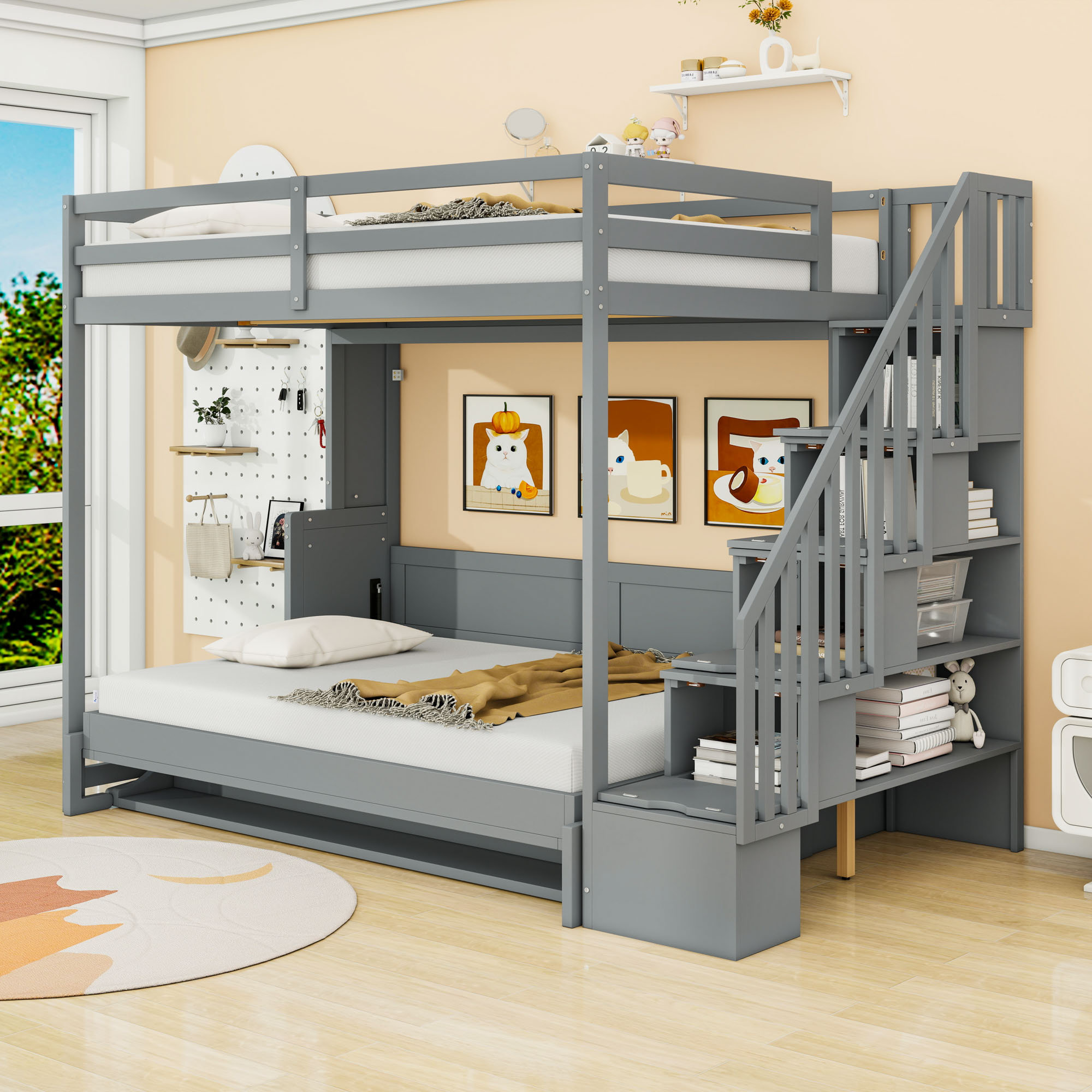 Harriet Bee Full Over Full Wooden Loft Bed With Hydraulic Lift And Desk | Wayfair