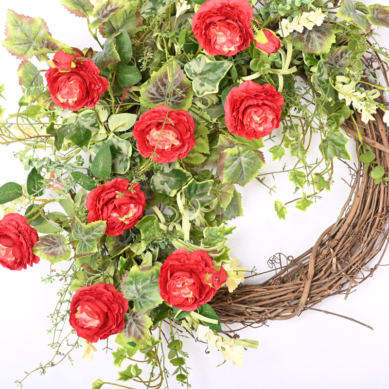 Primrue Handcrafted Faux 26'' Spring Summer Rose Floral Wreath for ...