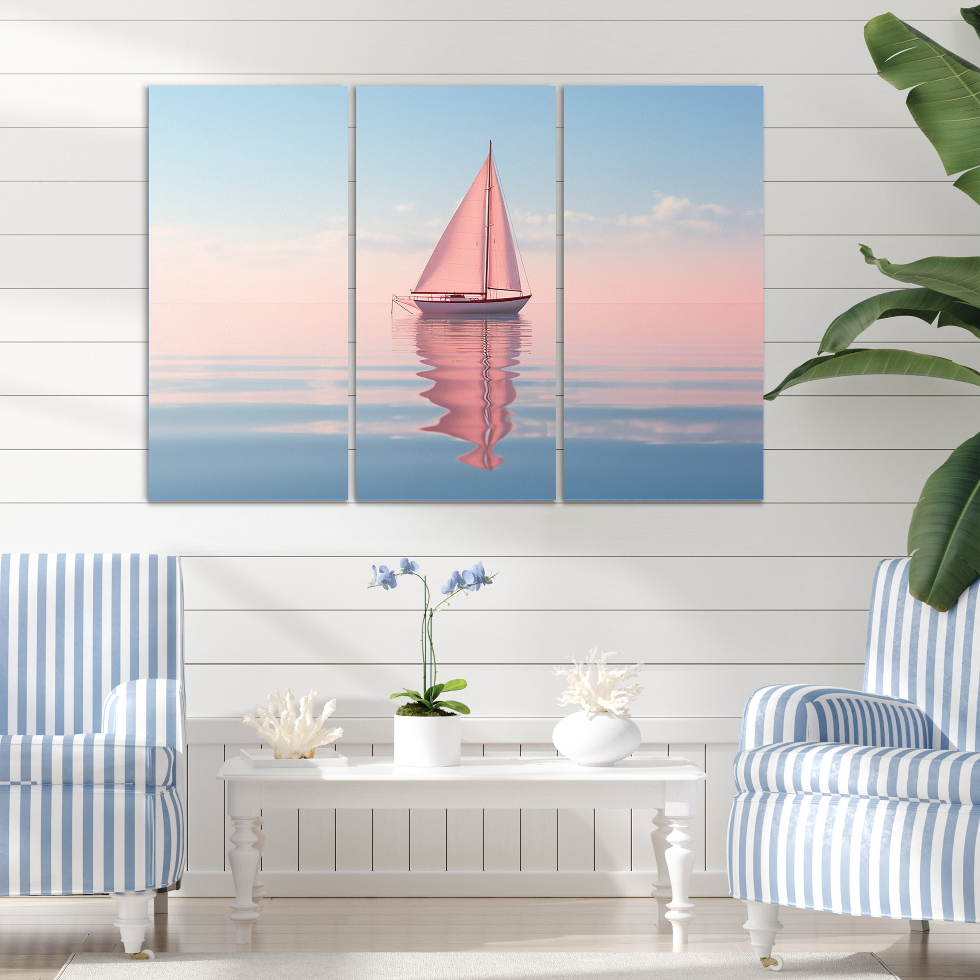 Design Art Pink Sailboat Pastel Sunset Reflection - Boat Wall Art ...