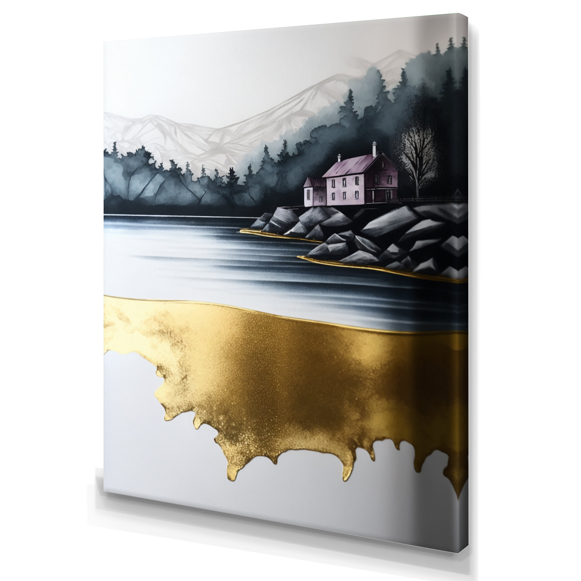 House of Hampton® Gold And Blue Lakehouse I - Landscape Lake House ...