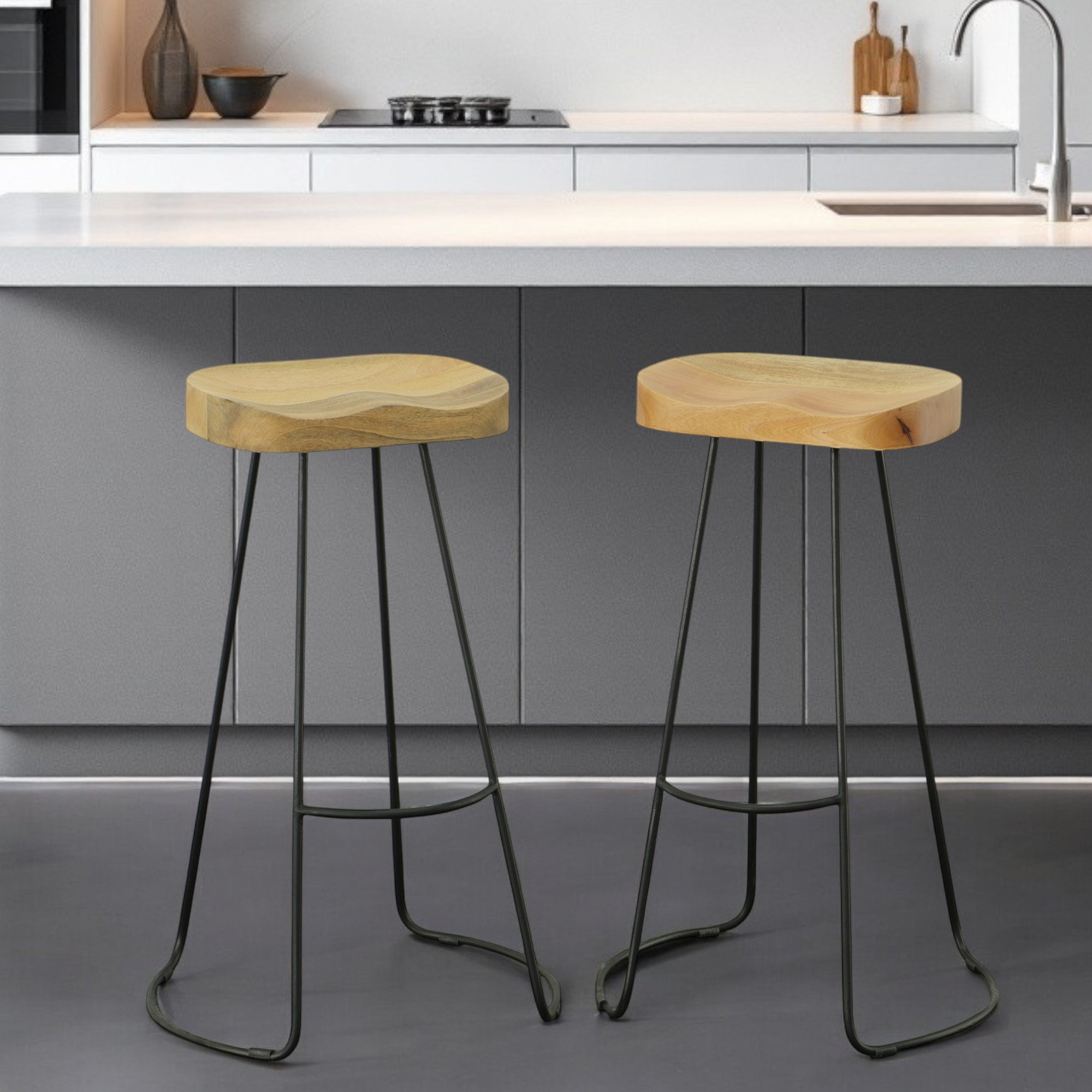 HomeRoots Set of Two 31" Natural And Black Steel Backless Bar Height ...