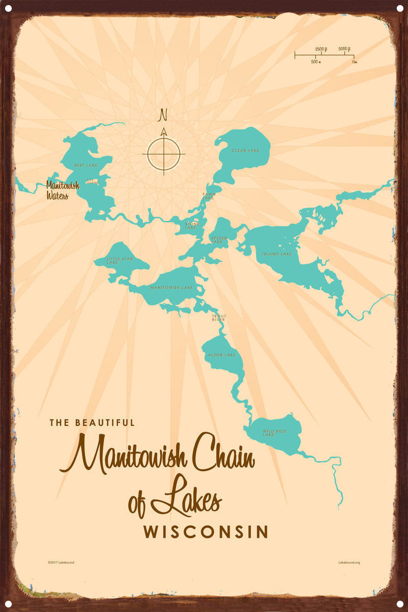 17 Stories Manitowish Chain of Lakes Wisconsin Map Rustic Metal Art ...