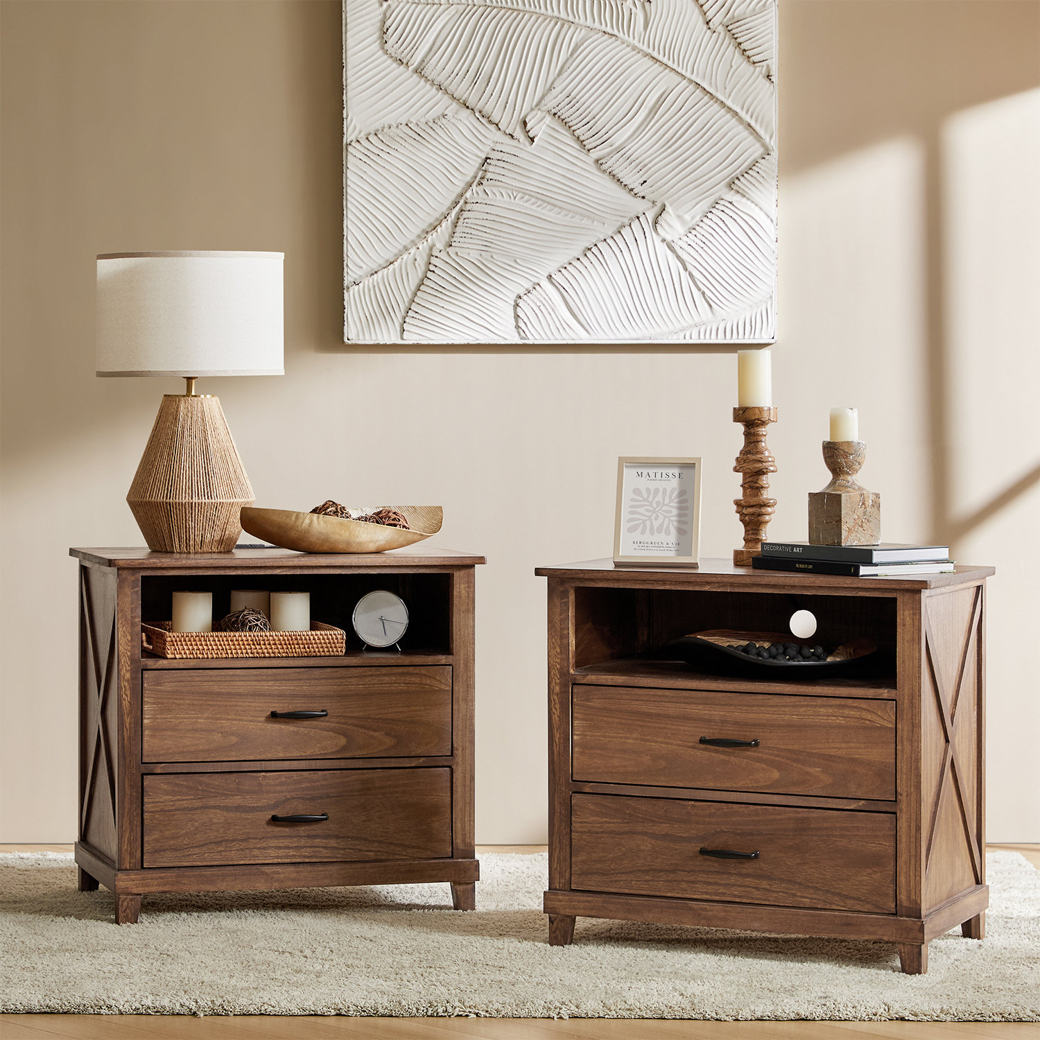 Gracie Oaks Cadena Modern 28''W Solid Wood 2-Drawer Nightstand with Power Outlet (Set of 2 ...