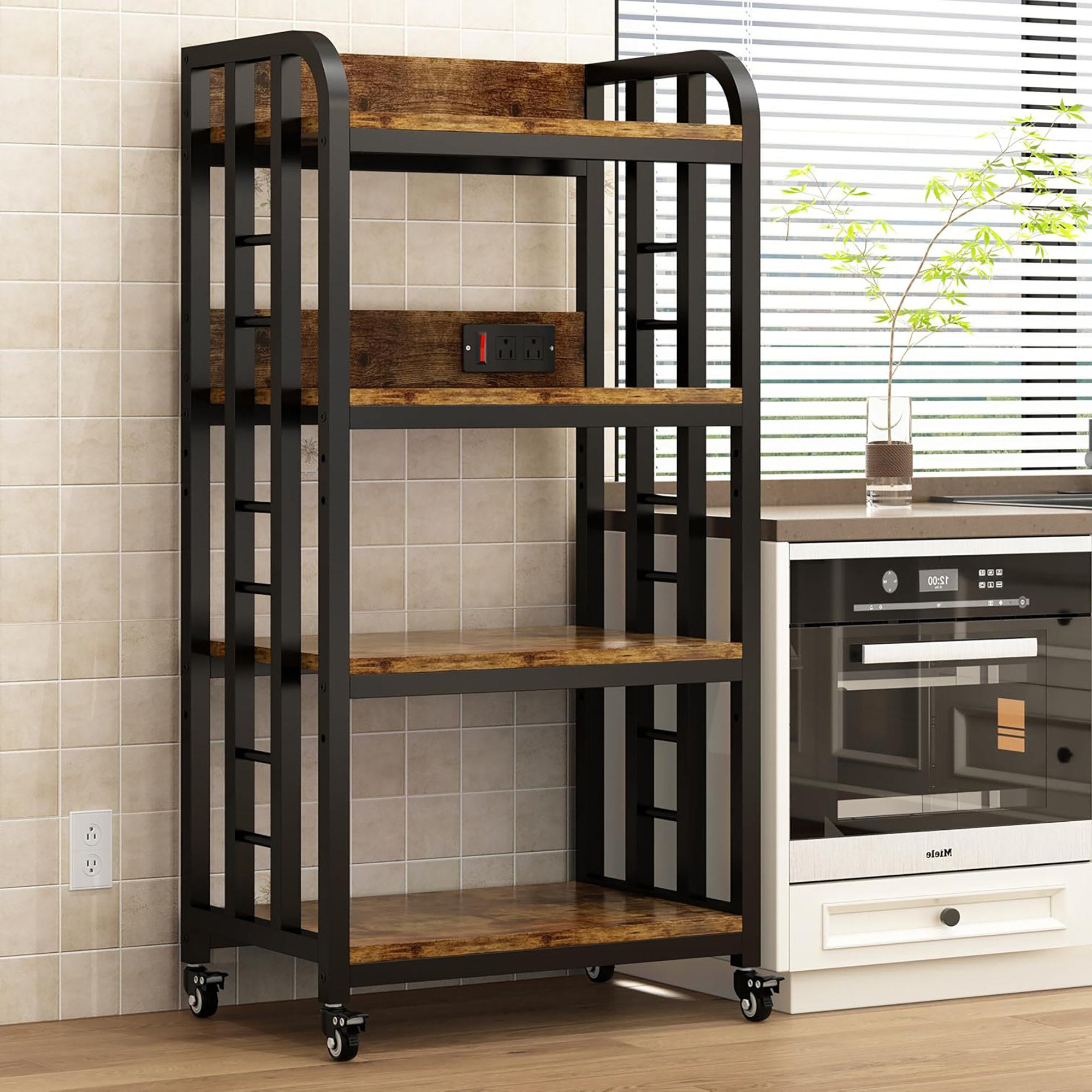 17 Stories 4-Tier Kitchen Bakers Rack With Power Outlet And Rolling ...