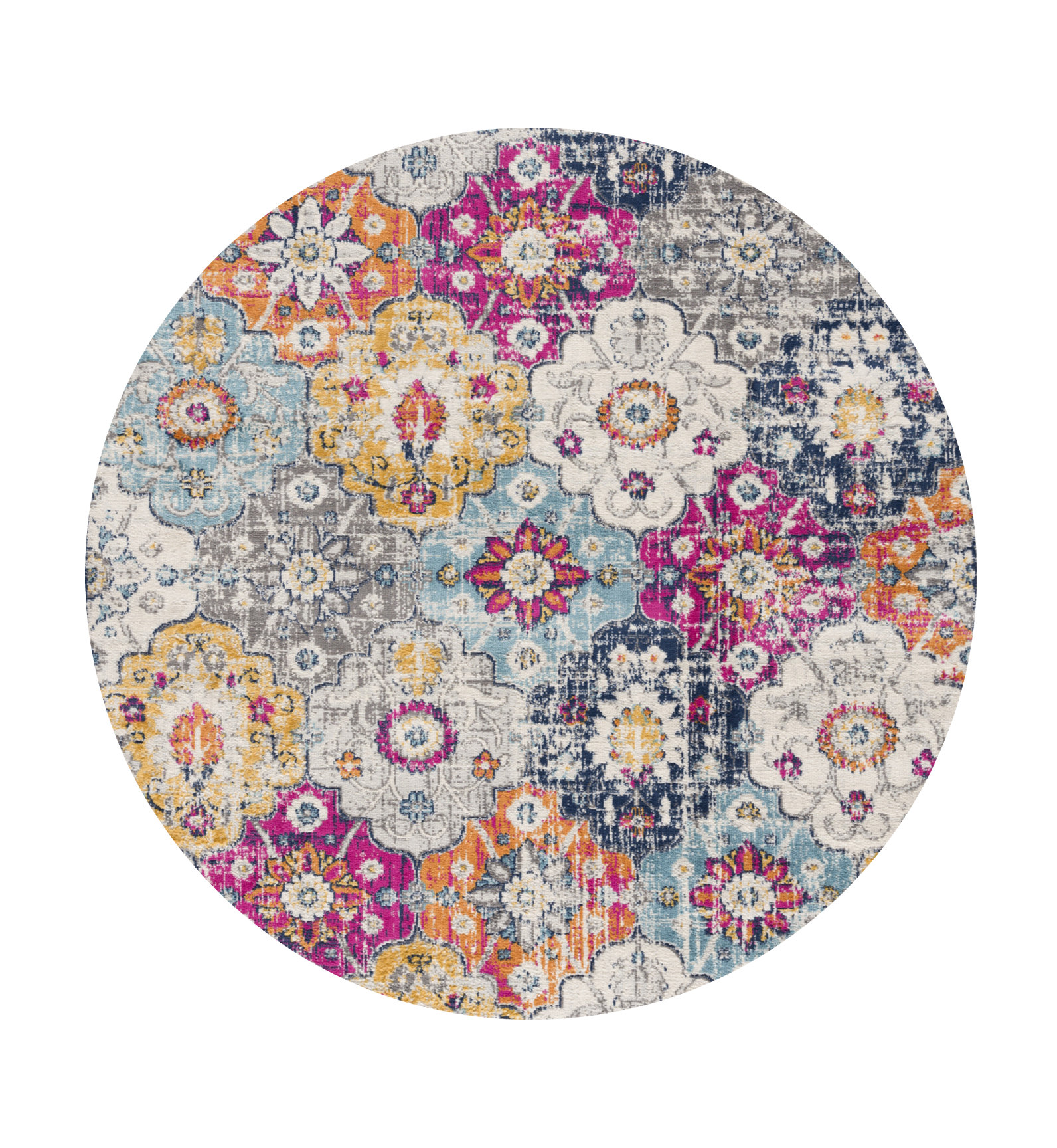 HomeRoots 5' Gray Beige and Blue Geometric Distressed Round Rug | Wayfair