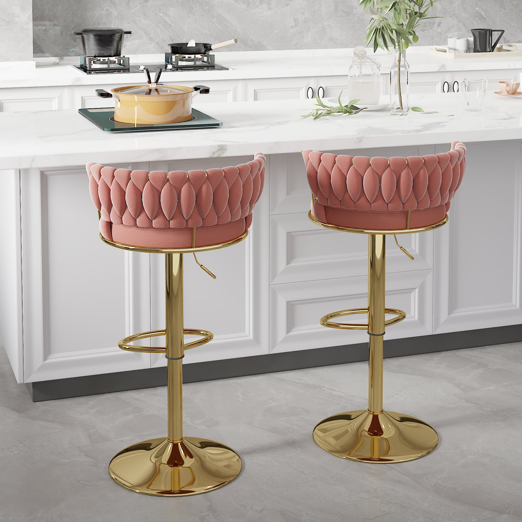 Wade Logan® Aryelle Velvet Upholstered Bar Stools with Woven Backrest ...