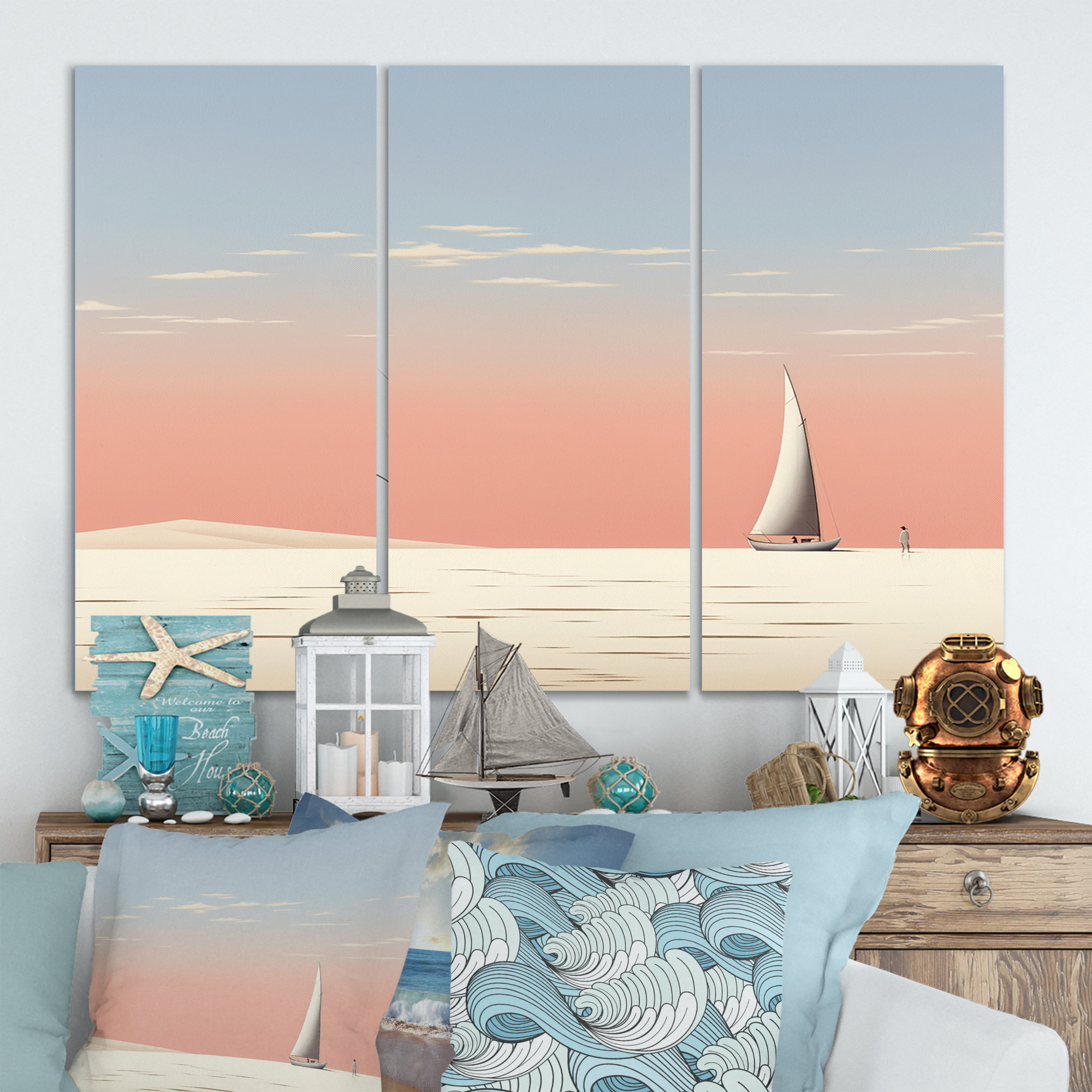 Design Art White Sailboat Sailing Into Pink Sunset - Boat Wall Decor ...