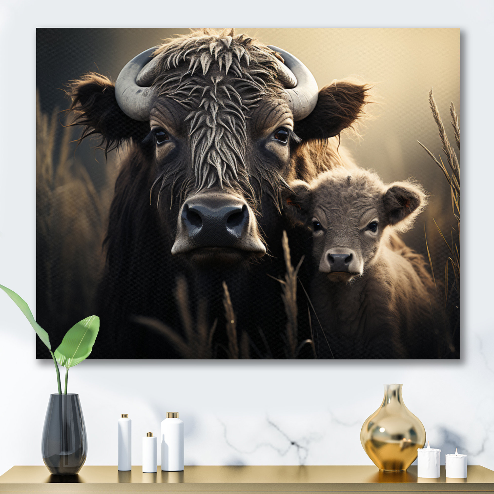 Union Rustic Brown Buffalo Gentle Guardians Framed On Canvas Print ...