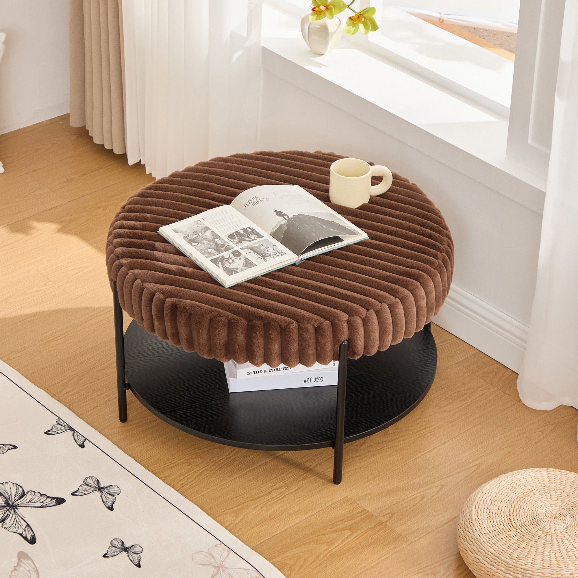 Mercer41 30.9"Wide Faux Fur Upholstered Round Ottoman Coffee Table Foot ...