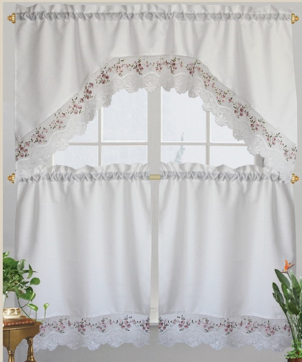 Princess Floral Ruffled 57'' W Kitchen Curtain Set White - Wayfair Canada