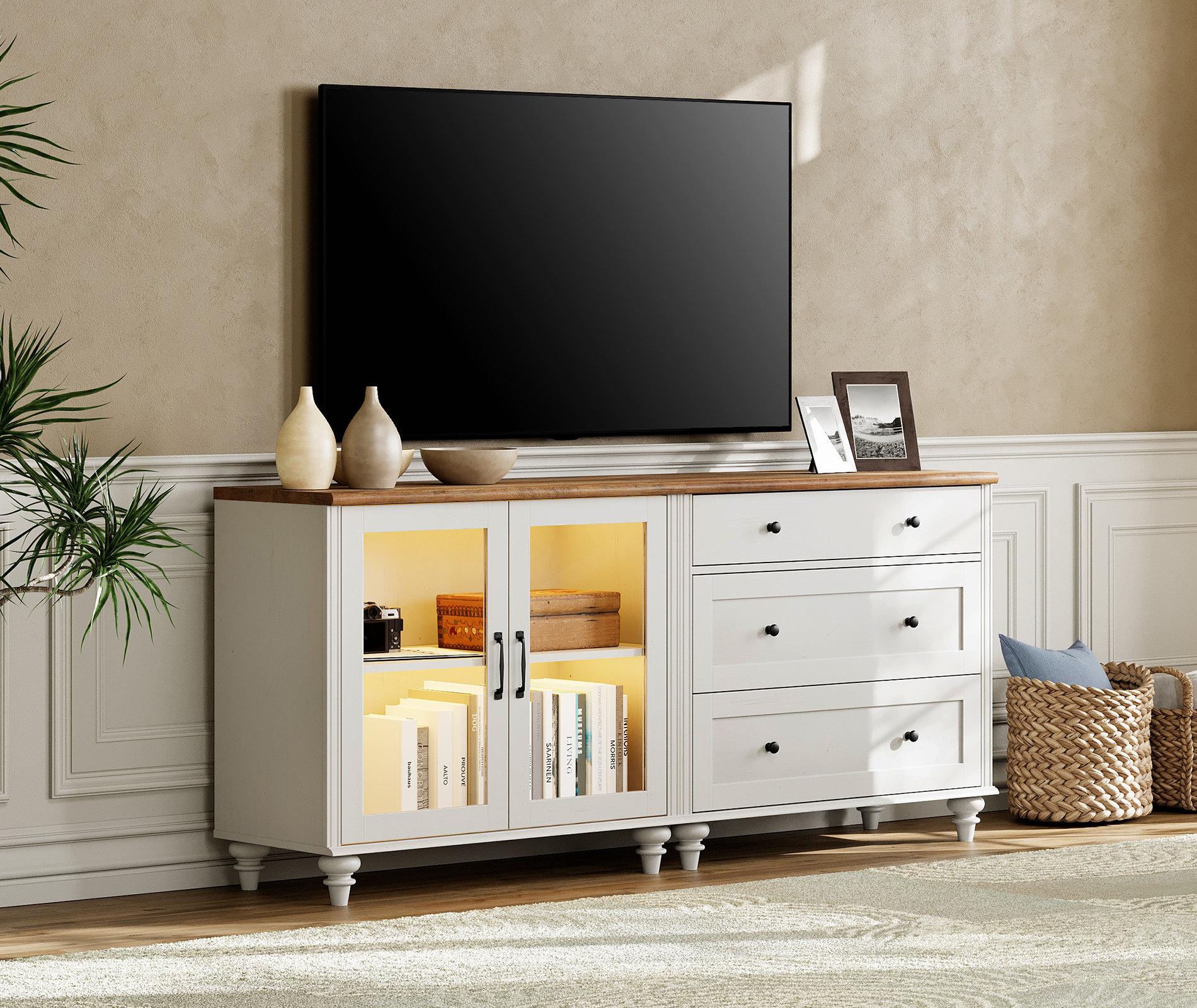 Alcott Hill TV Stand For 75 Inch TV , Wood TV Cabinet Entertainment ...