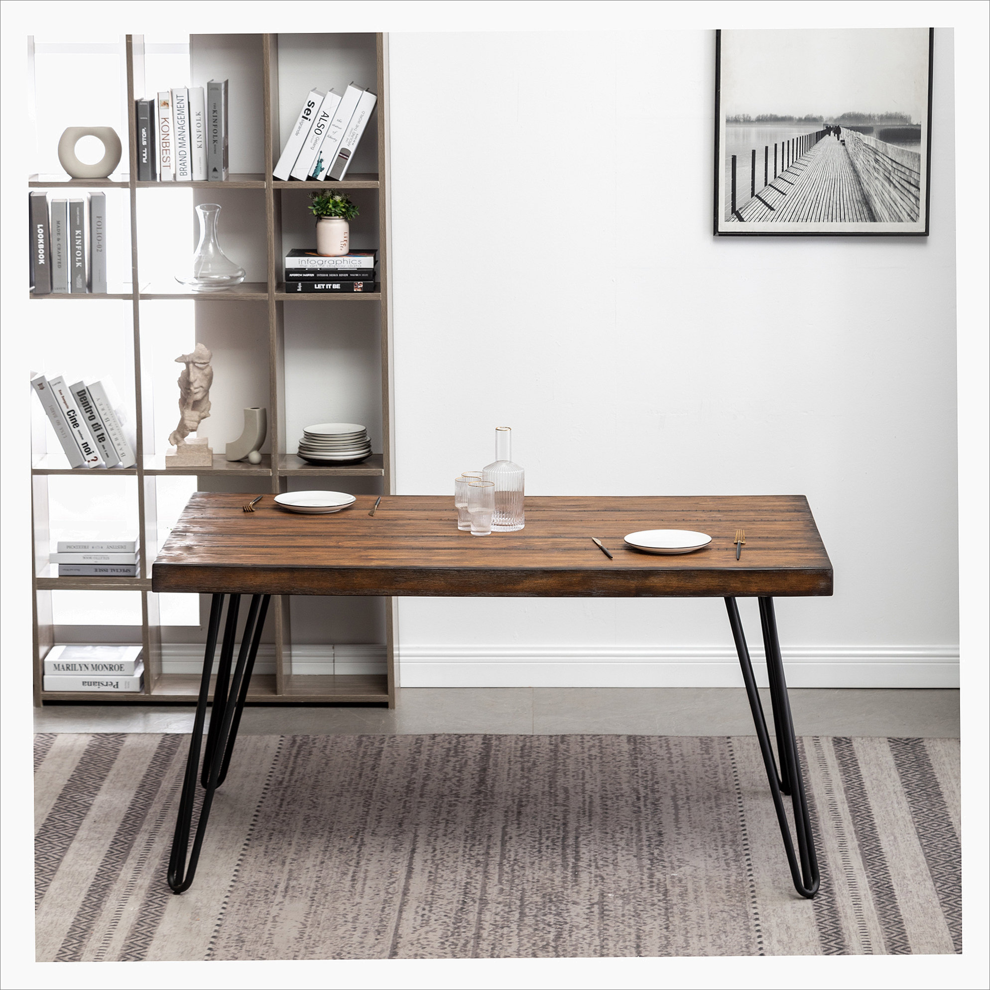 17 Stories Aryven Industrial Metal Hairpin Dining Table, Rustic Dark ...