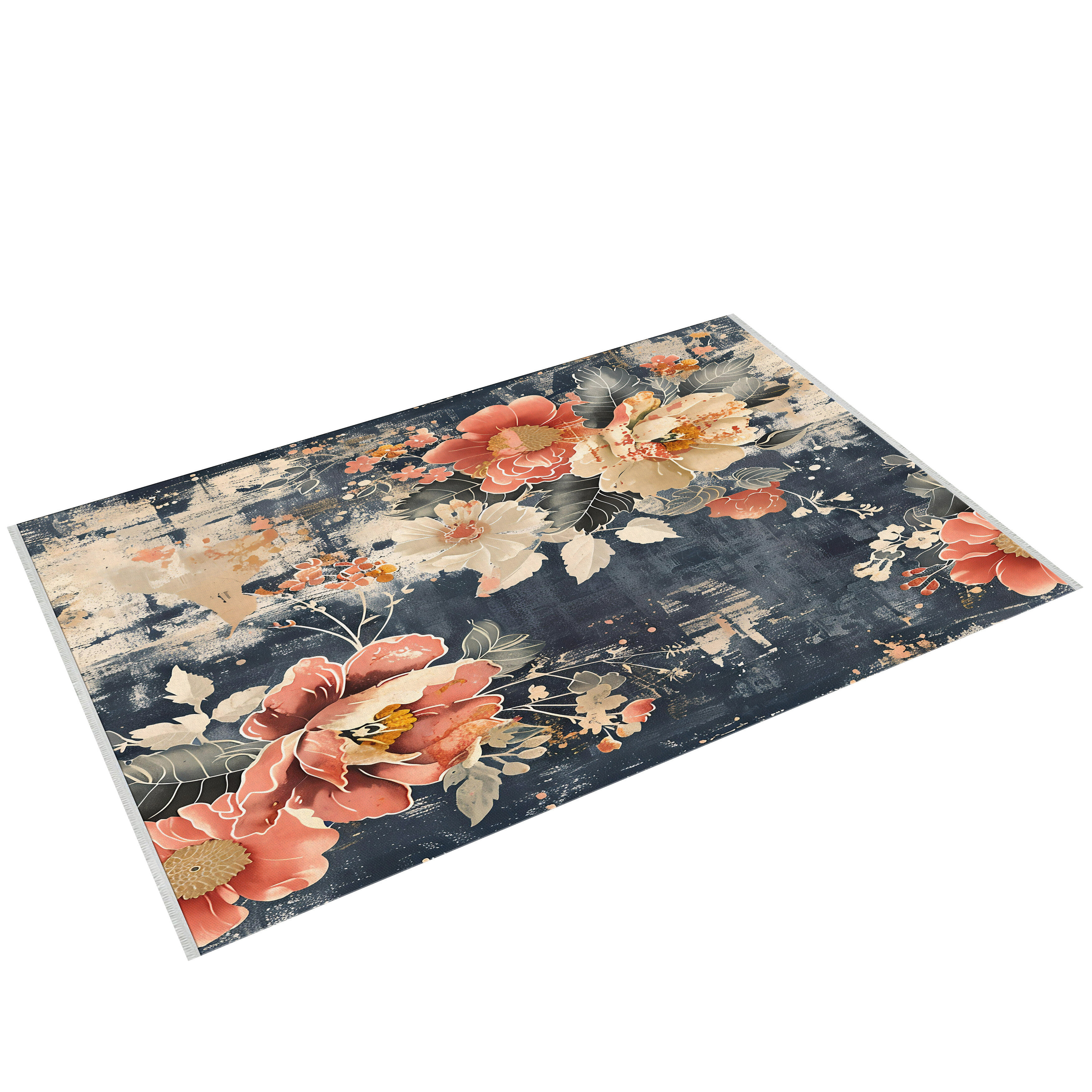 Rosalind Wheeler Vintage Floral Rug - Navy And Beige - Elegant Flower ...
