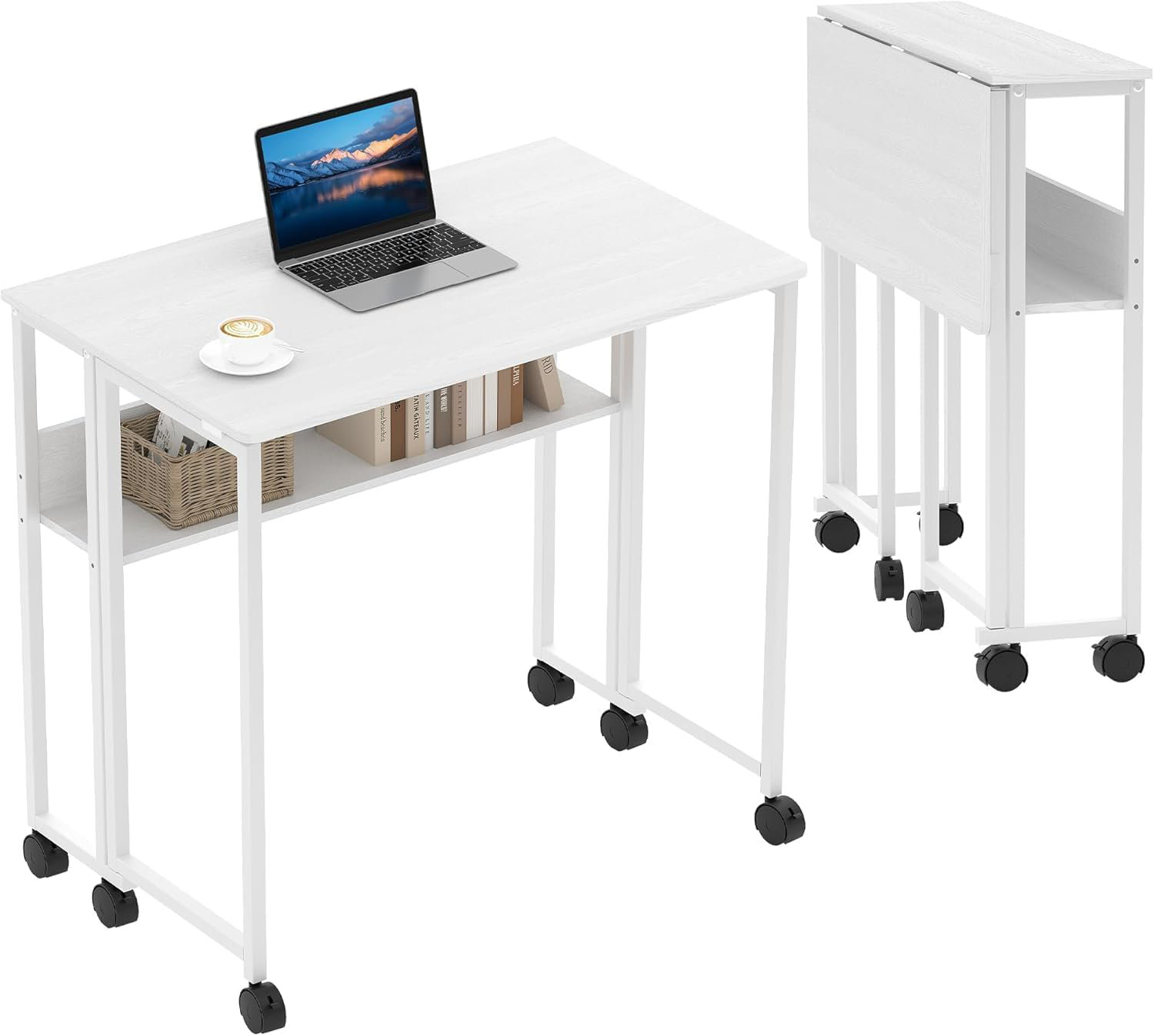 Yuan Home 24.8" Folding Rolling Desk with Storage Shelf, Space-Saving ...
