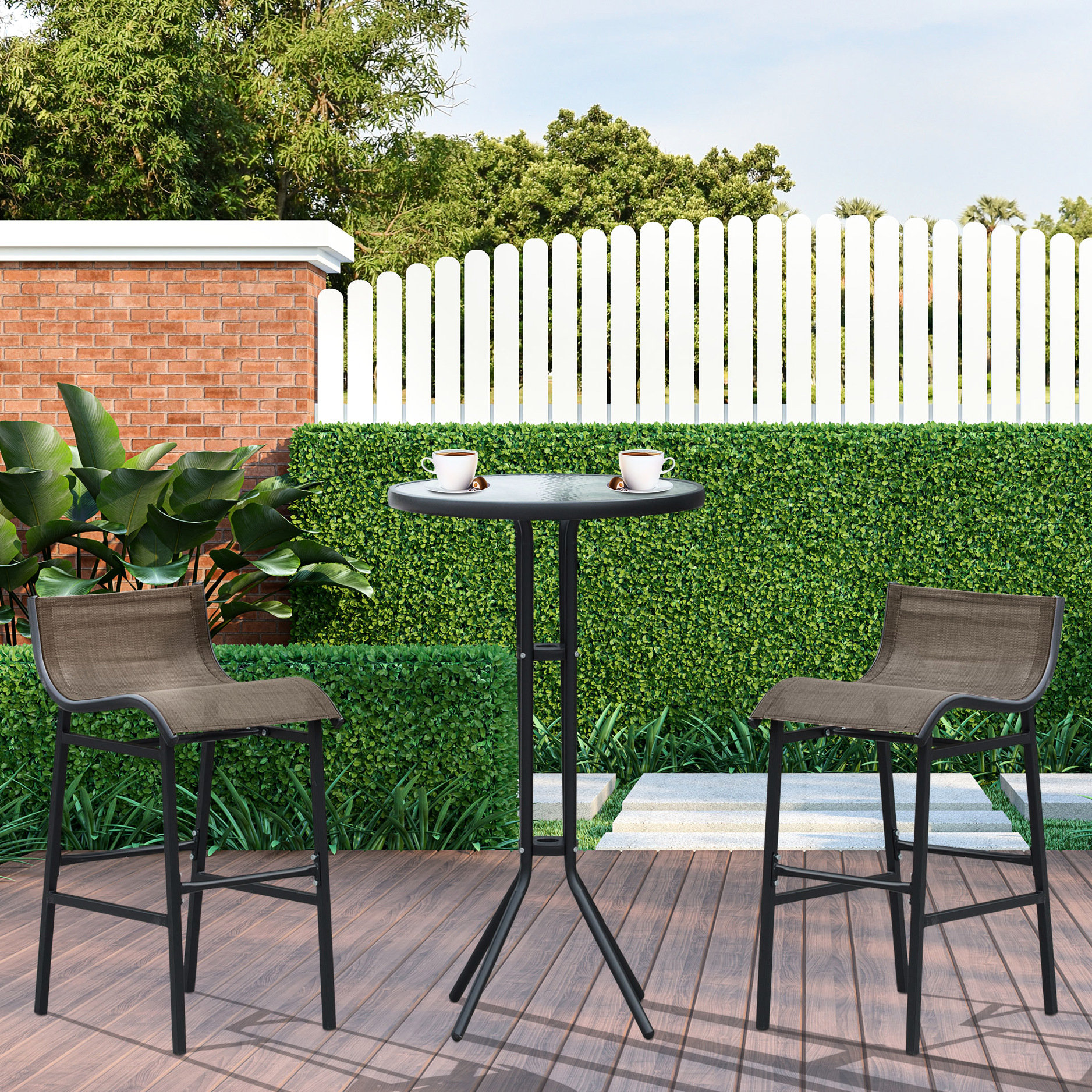 Ebern Designs 3 Piece Bar Height Outdoor Bistro , Tan. 2 Chairs And ...