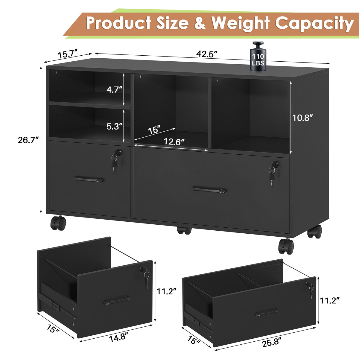 Inbox Zero File Cabinet, Mobile Lateral Filing Cabinet With Lock For ...