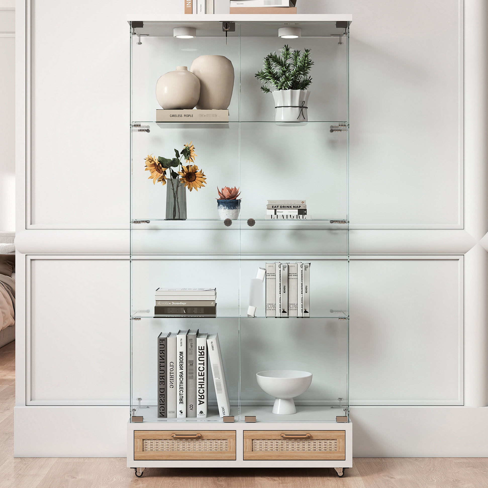 Latitude Run® Tempered Glass Bookshelf, Locking Storage, Black And ...