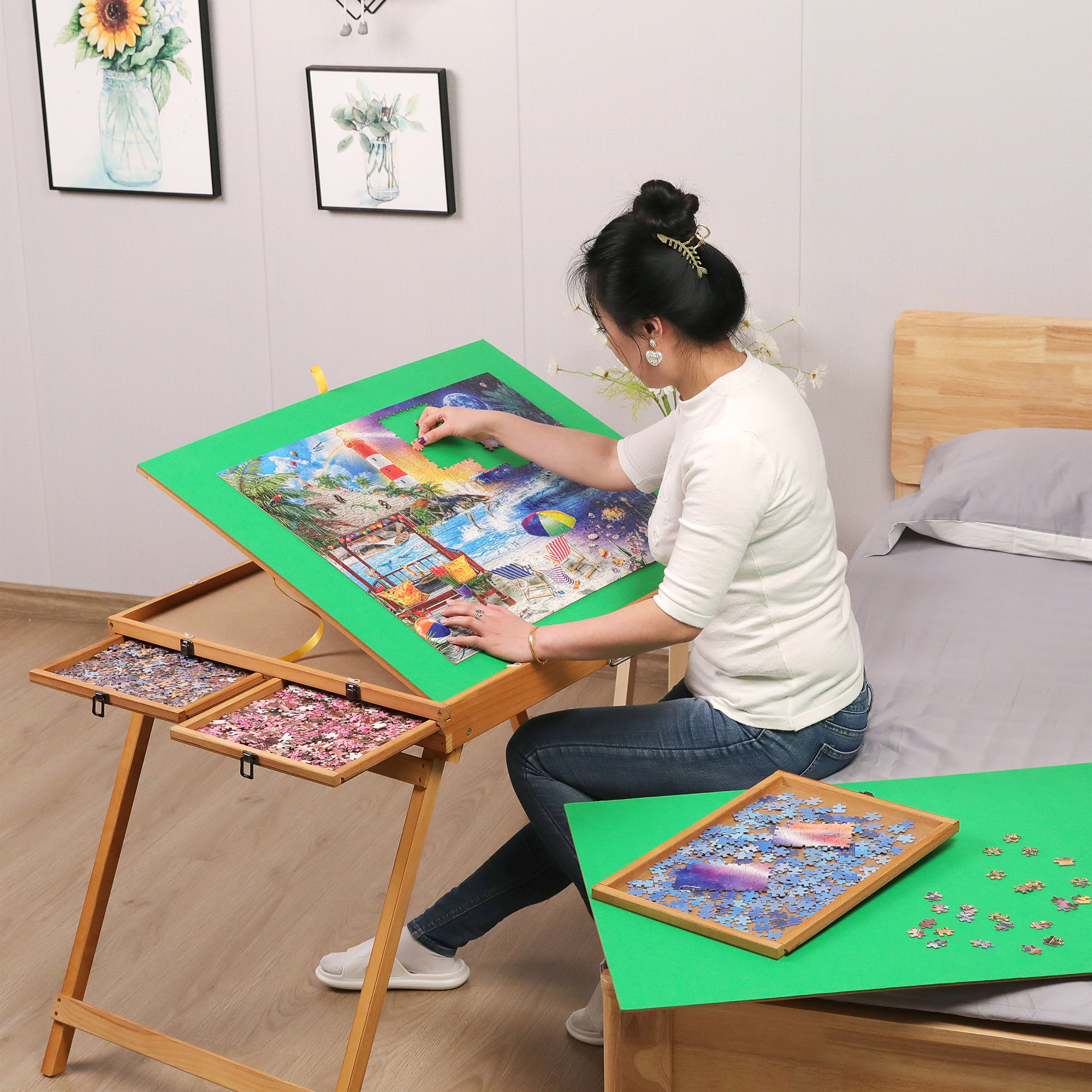 Fanwer Portable Jigsaw Puzzle Board Table 1500 Pieces with Cover, Legs ...