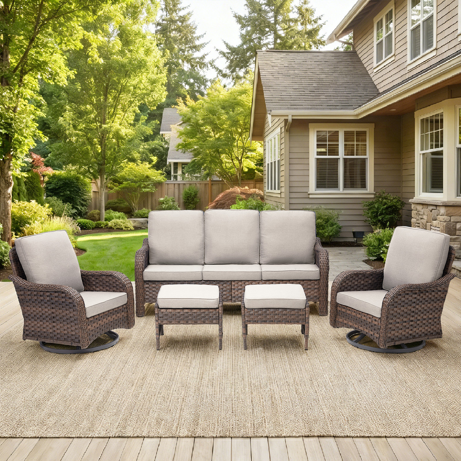 Red Barrel Studio® Arley 5-Piece Outdoor Patio Wicker Curved Arms Sofa ...