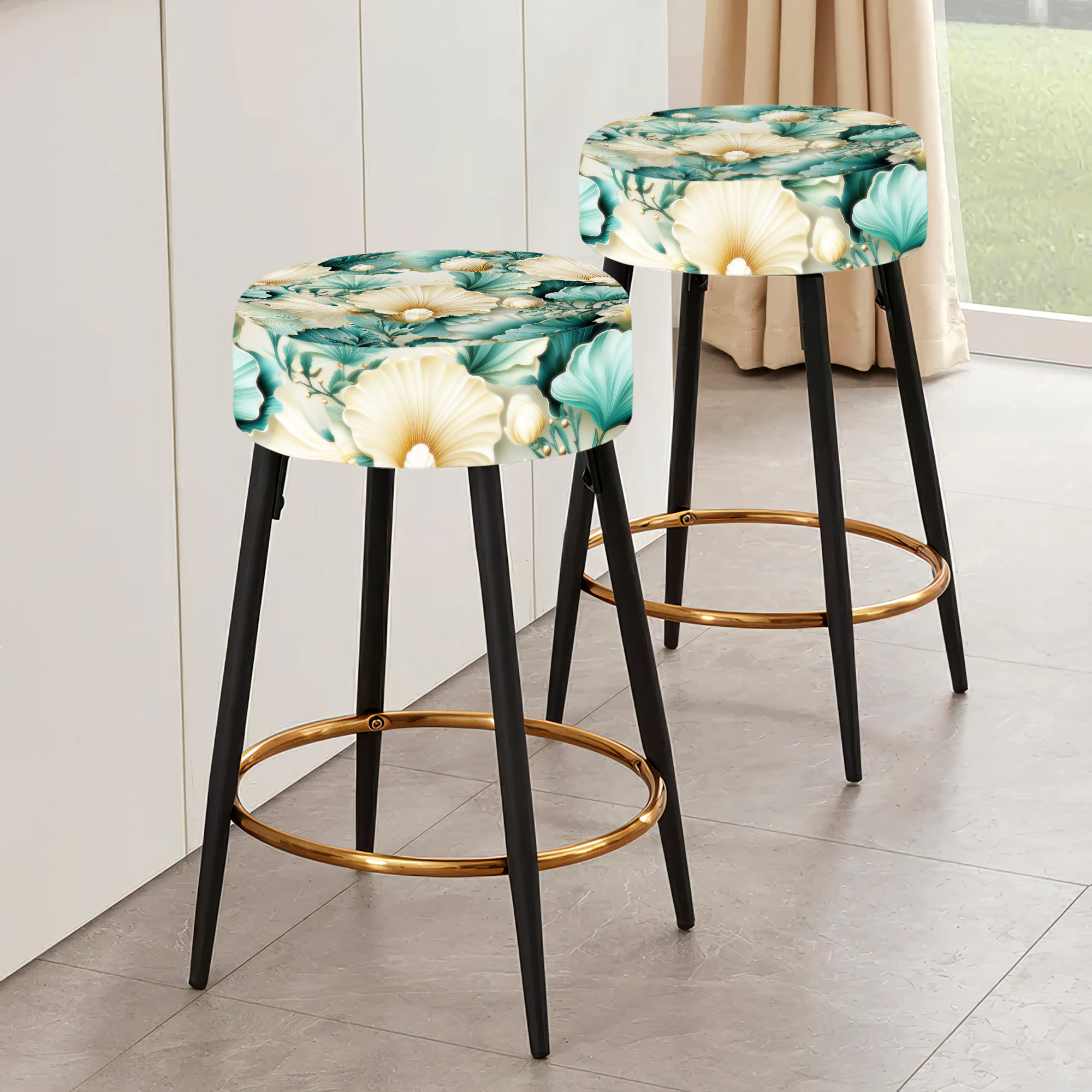 Design Art White And Teal Coastal Vintage Seashells - Floral Bar Stools ...