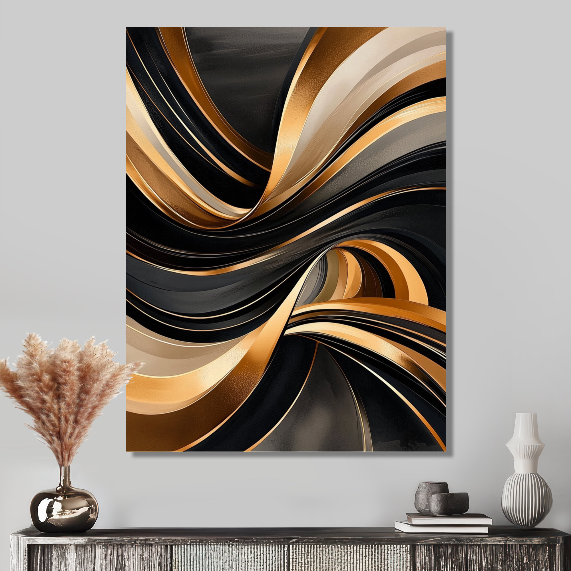 Ivy Bronx Gold And Black Geometric Vortex II - Abstract Geometric Wall ...