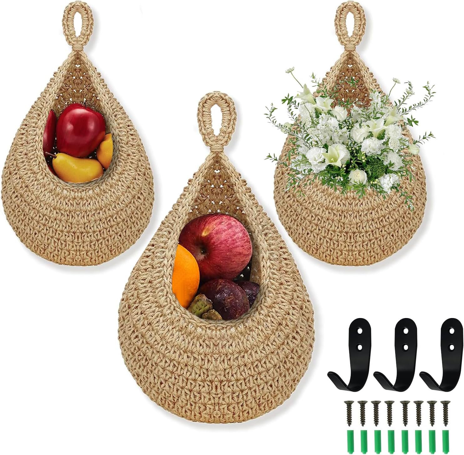 Bay Isle Home 3 PCS Wall Hanging Fruit Baskets For Kitchen With Hooks ...