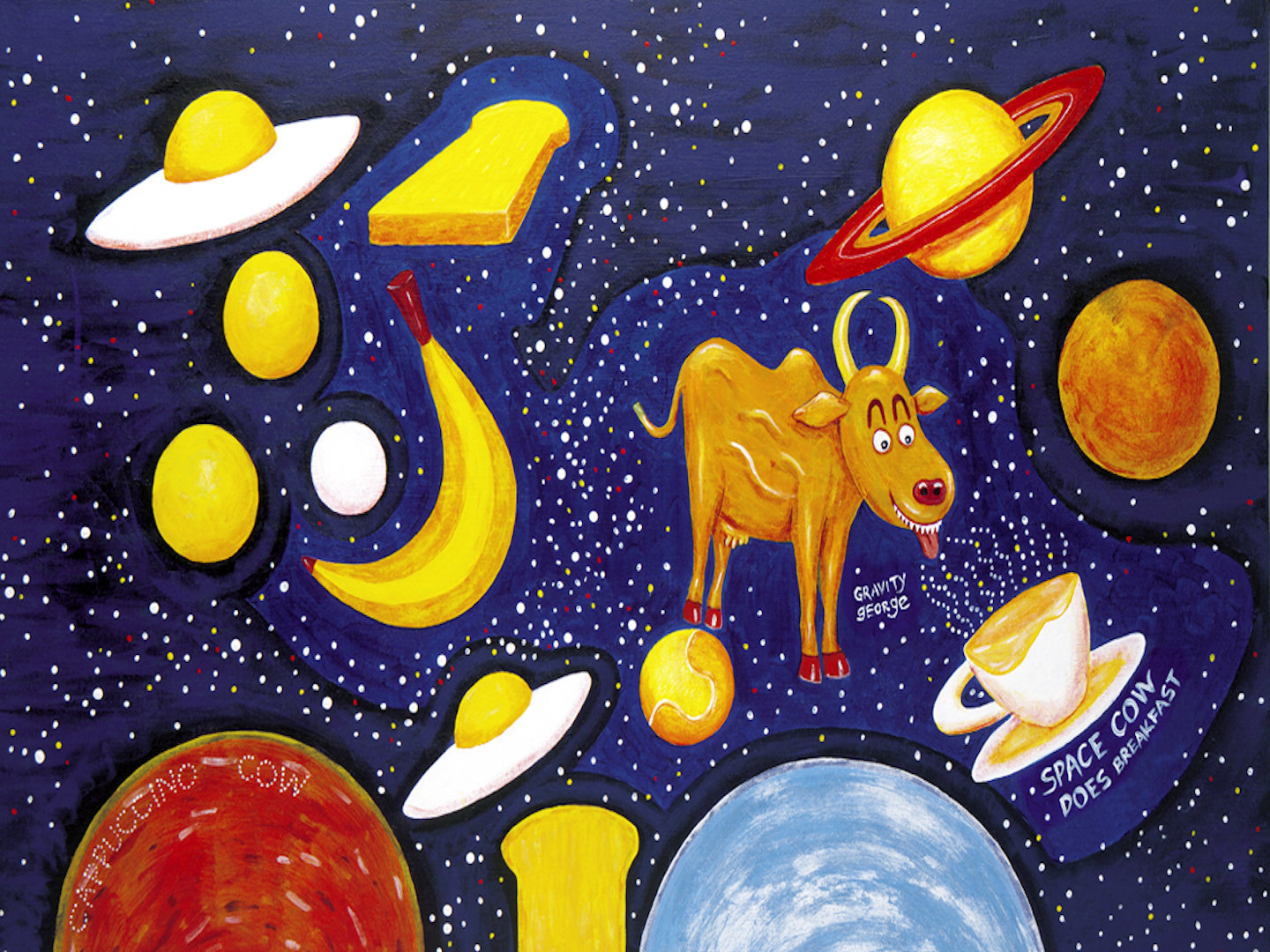 Art Excuse 'Space Cow Breakfast' Framed Painting on Wrapped Canvas ...