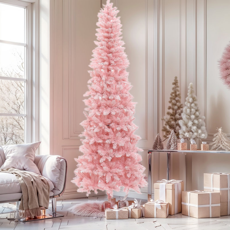 The Holiday Aisle® 7Ft Pre-Lit Pink Slim Tree with Metal Stand ...