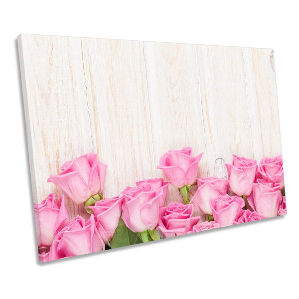 Ebern Designs Pink Flowers Floorboards Floral - Wrapped Canvas Print ...