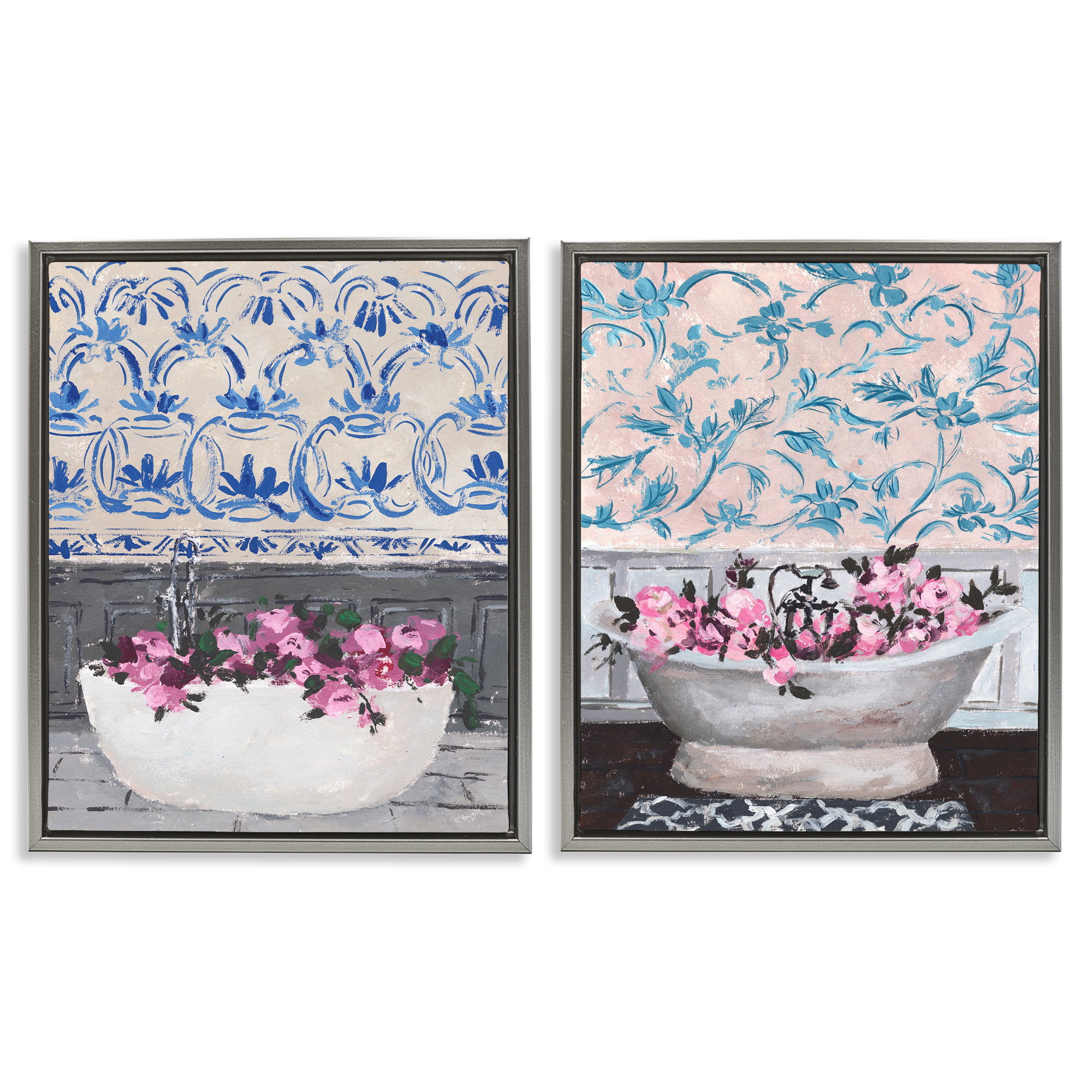 Canora Grey Flowers In Bath Tub Interior Design 2 Piece Framed Floater ...