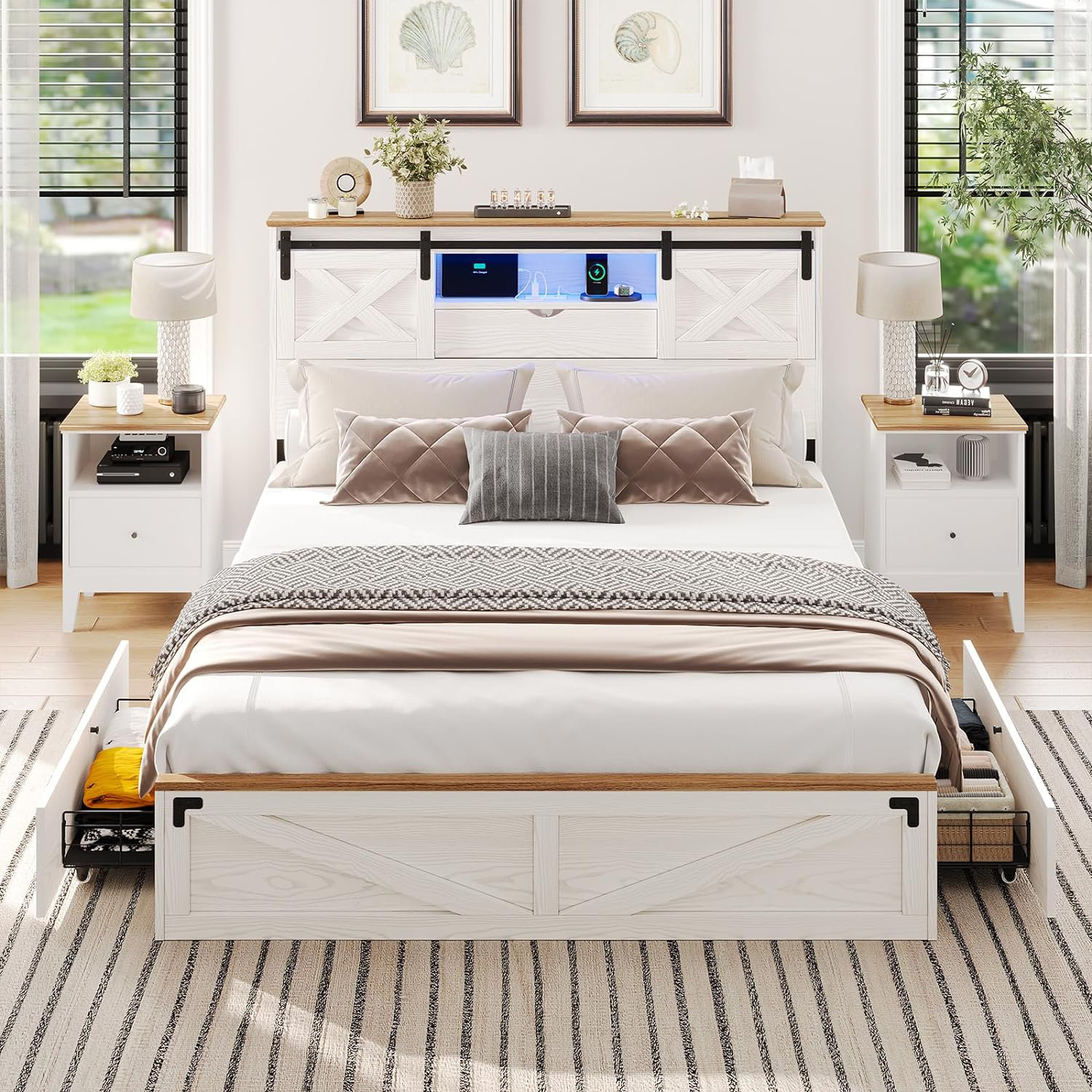 Gracie Oaks Farmhouse Bed Frame With Led Lights And Charging Station ...