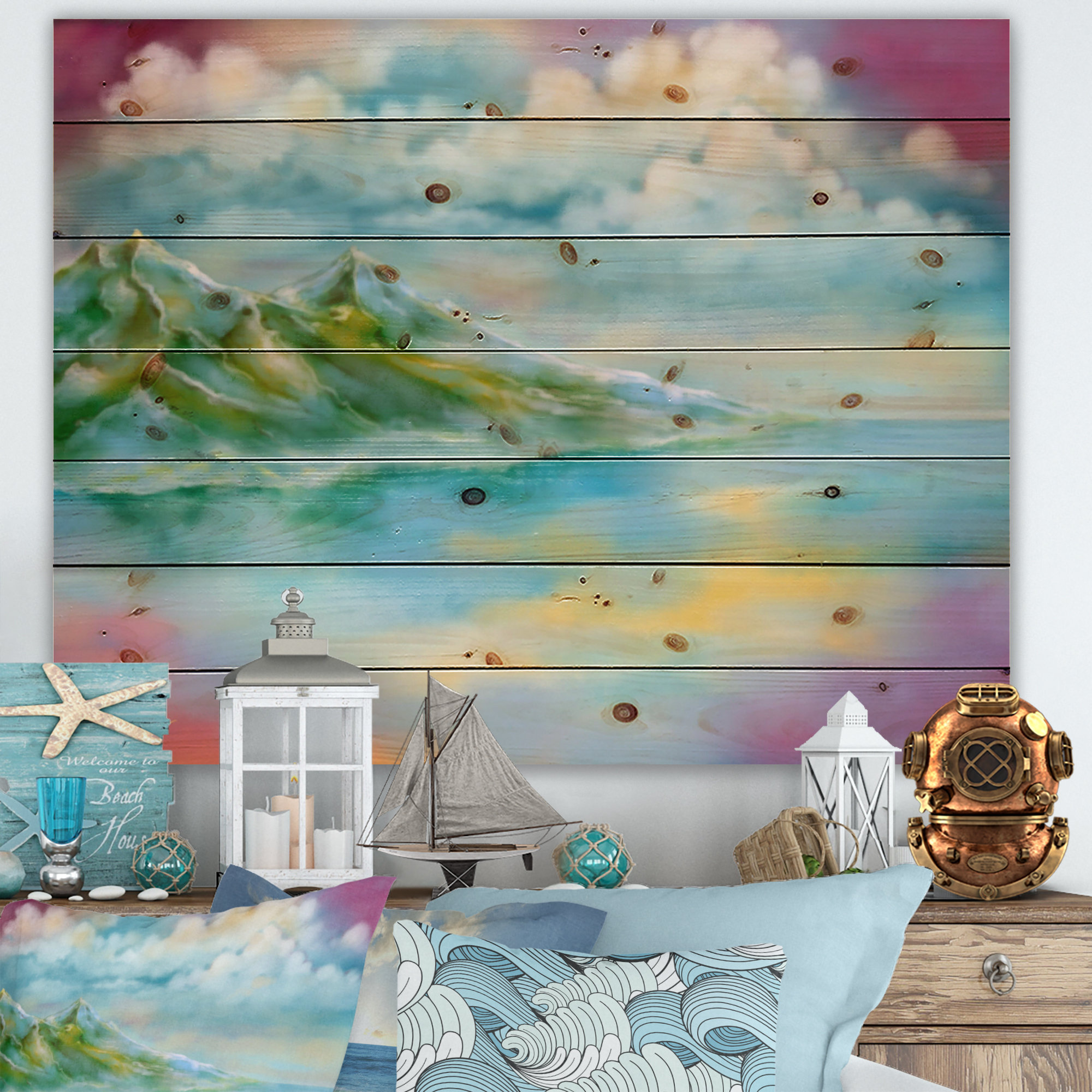 East Urban Home Fantasy Turquoise Landscape With Ocean Clouds And Hills ...