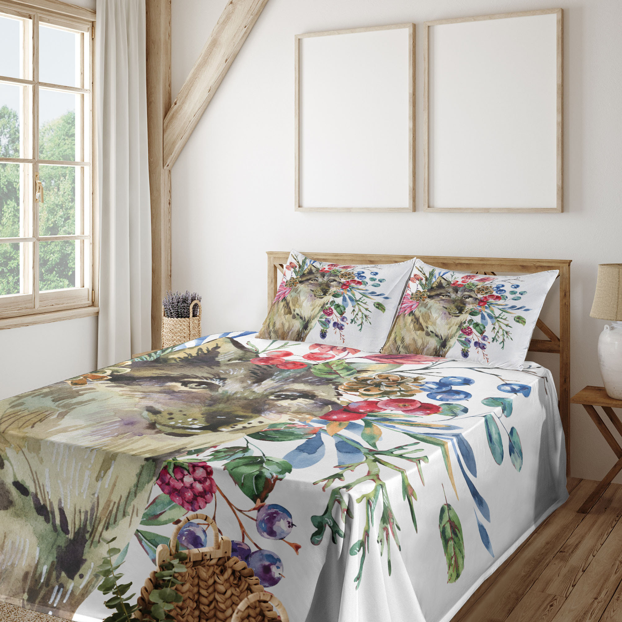 Ambesonne Wolf Sheet Set Animal and Colorful Woodland Dark Sky Blue ...