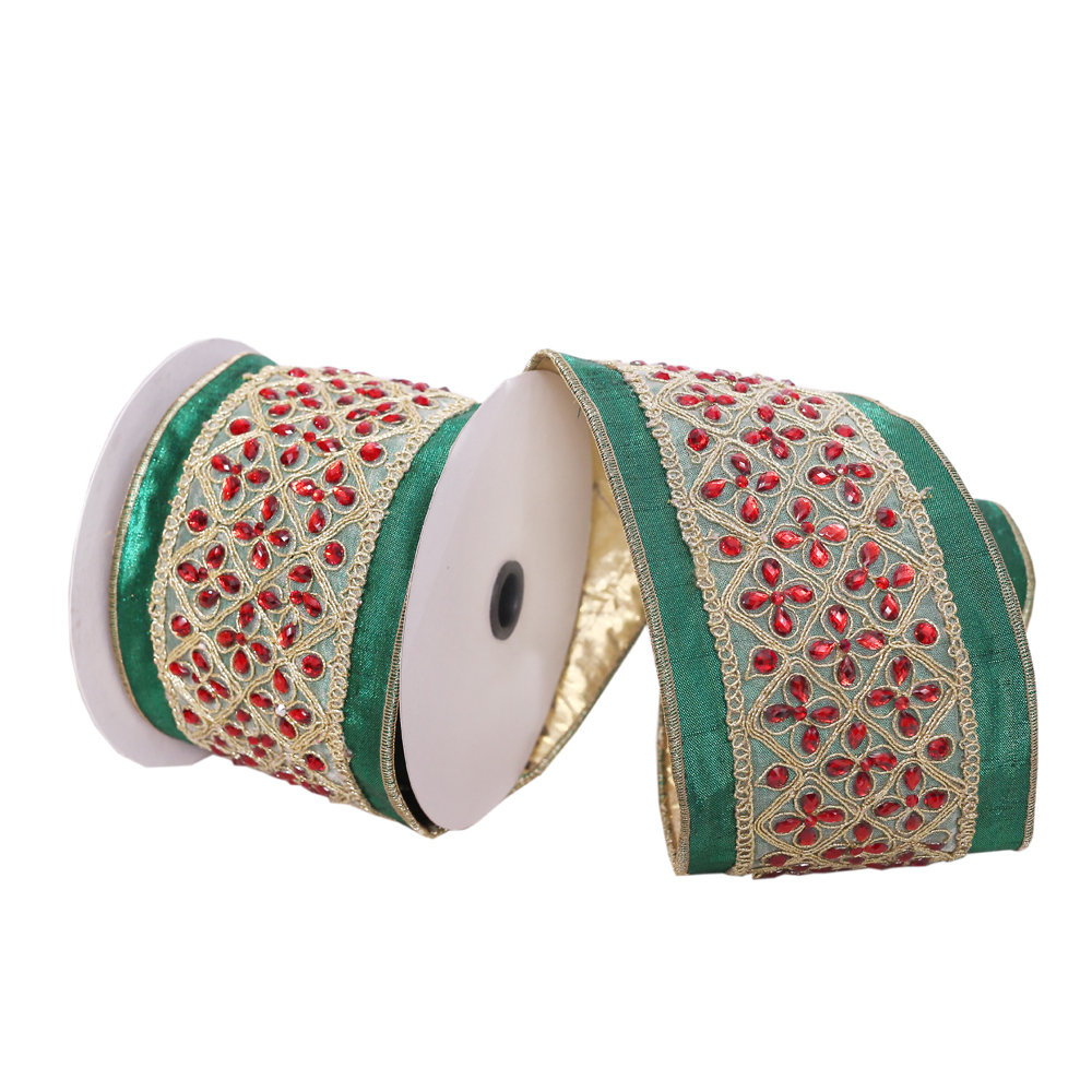 The Holiday Aisle® 4"x5yd Jeweled Wired Edge Christmas Ribbon & Reviews ...