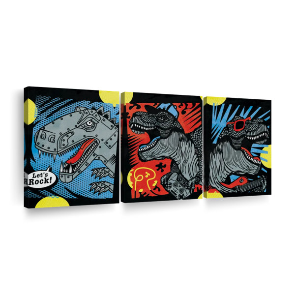 Trinx Comic T Rex On Canvas 3 Pieces Print | Wayfair