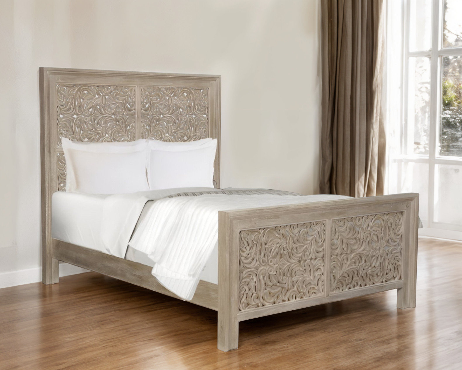 HomeRoots Gray Carved Scrollwork Distressed Solid Wood Queen Bed Frame ...