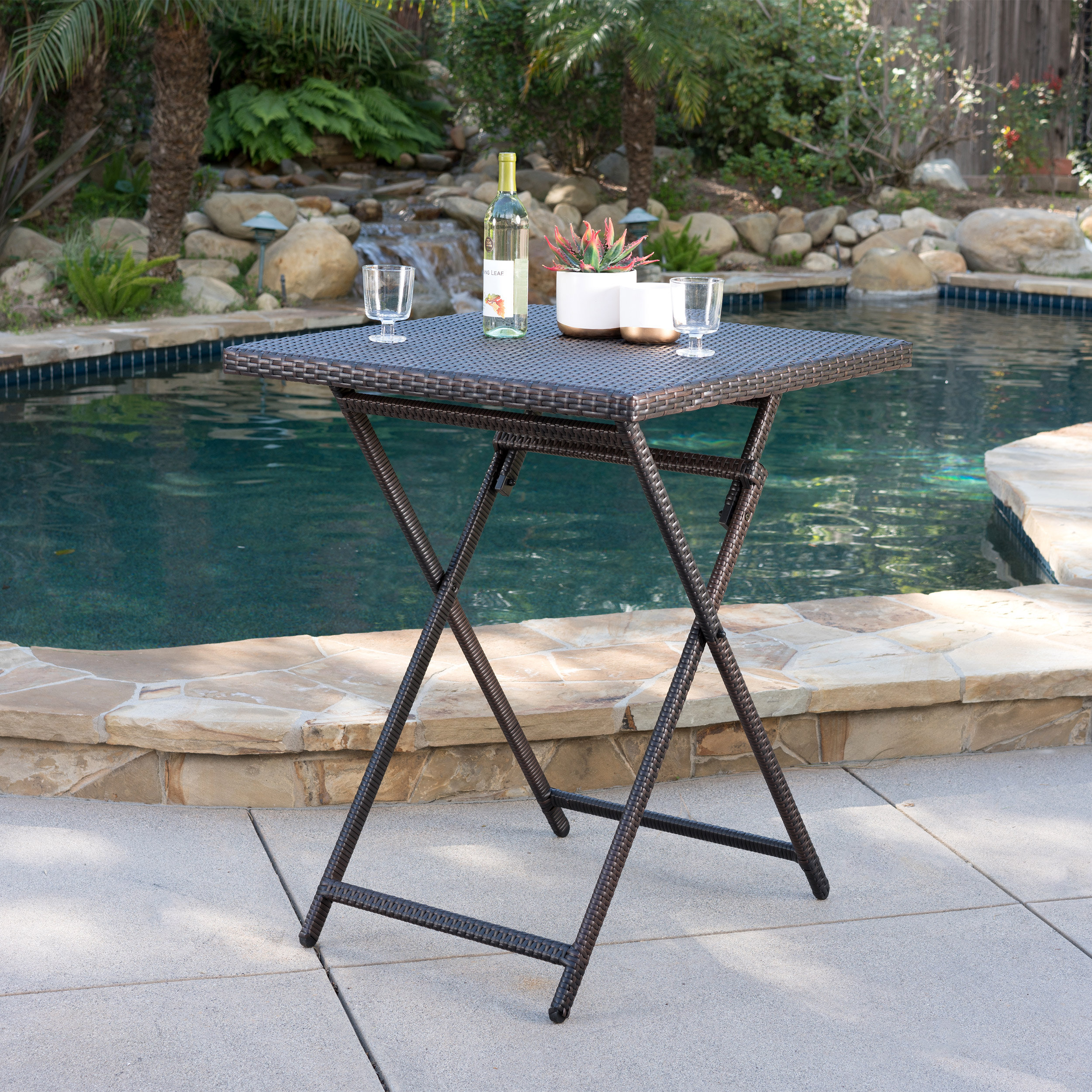 Dakota Fields Folding Wicker Bistro Table, Outdoor Patio Rattan Table ...