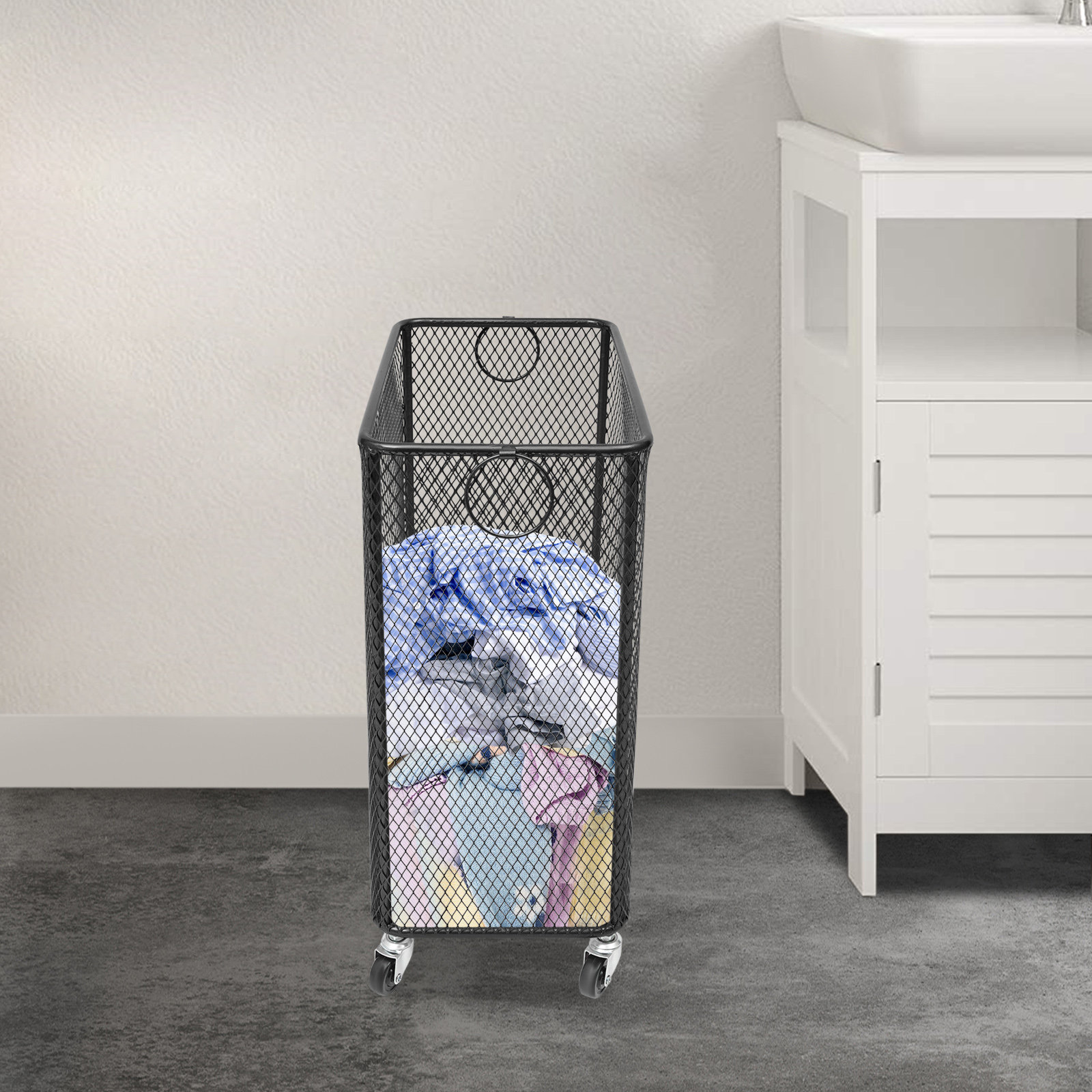 Ivy Bronx Mesh Hamper Laundry Basket Cart With Wheels | Wayfair