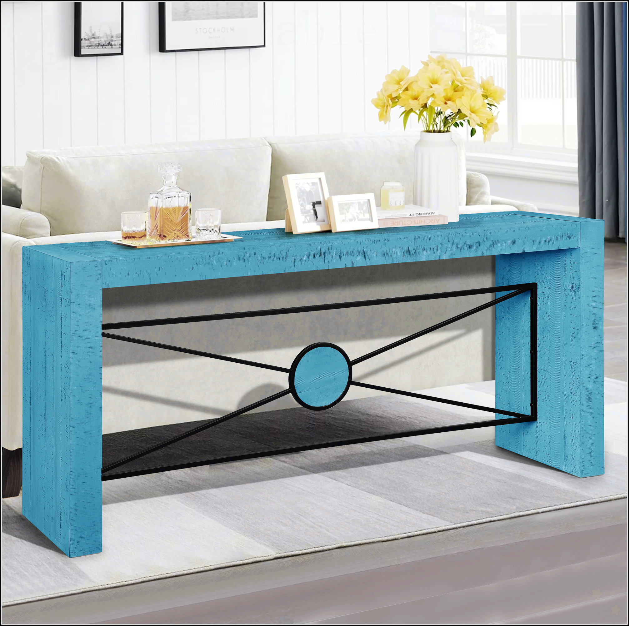 MaMa Retro Wood Console Table, 65 Inch Long Sofa Table Behind Couch ...
