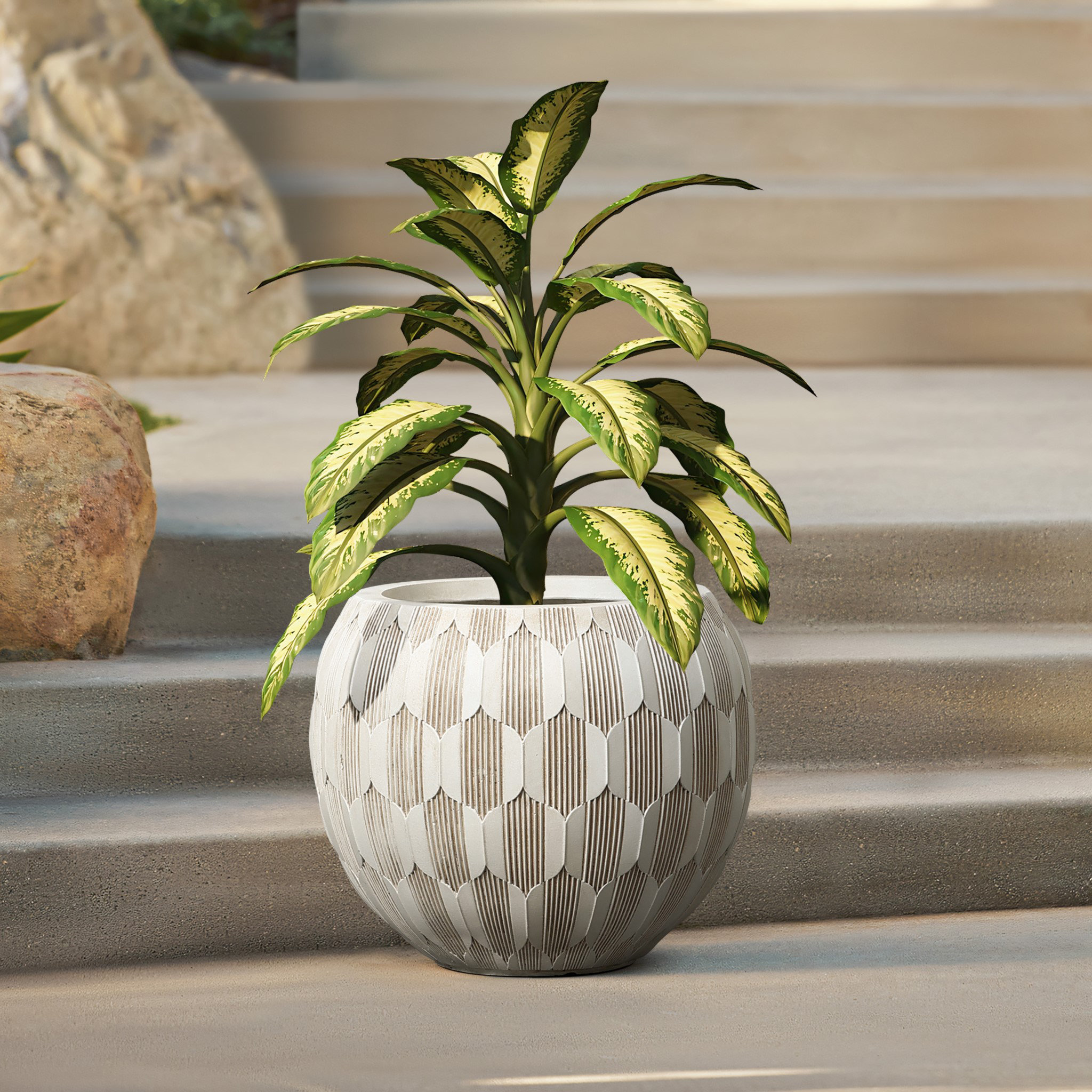 Latitude Run® White and Beige Pattern 14.2-Inch Round Planter | Wayfair