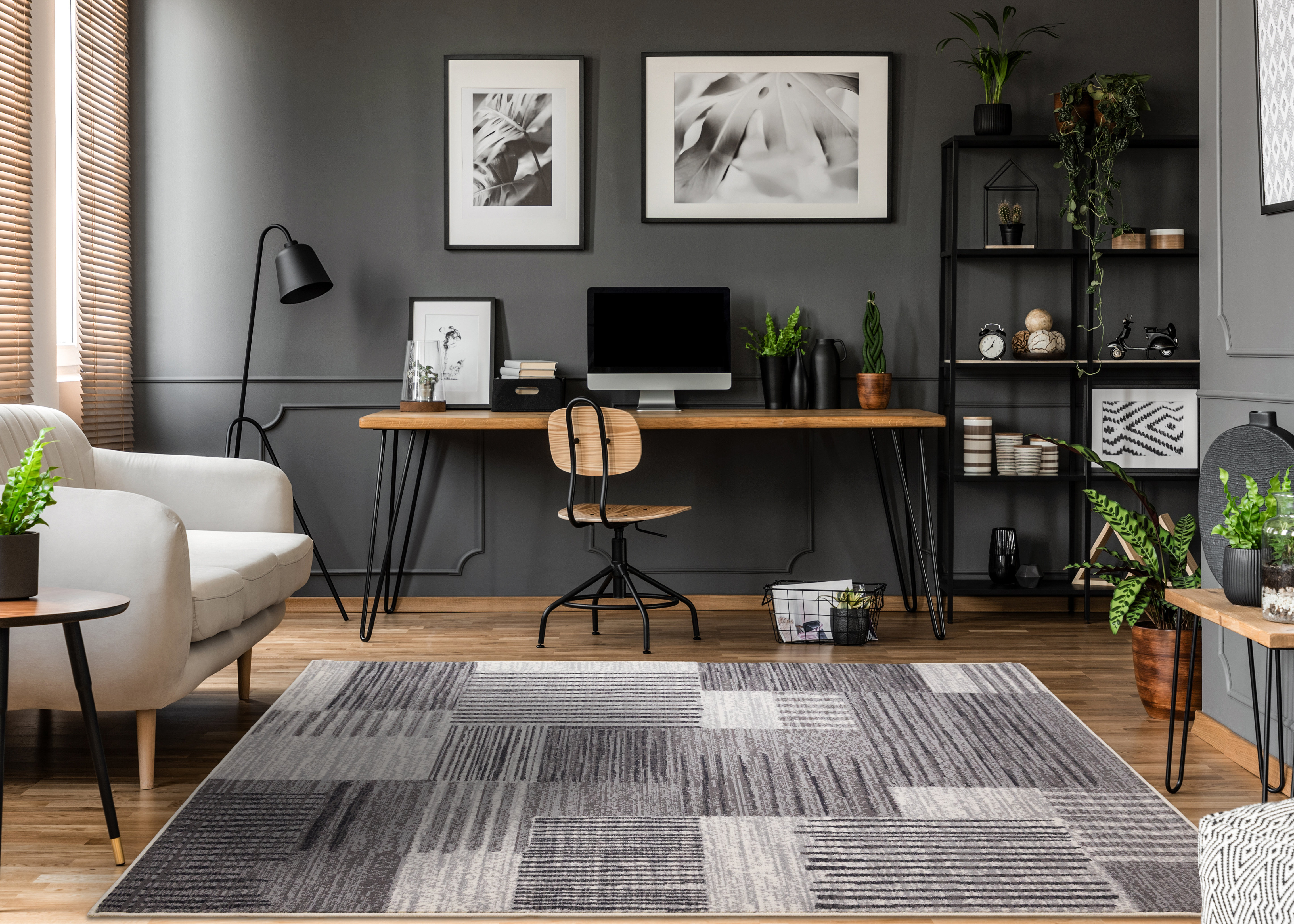 Brayden Studio® Fresno Grey Cream Black Modern Geometric Lines Area Rug ...
