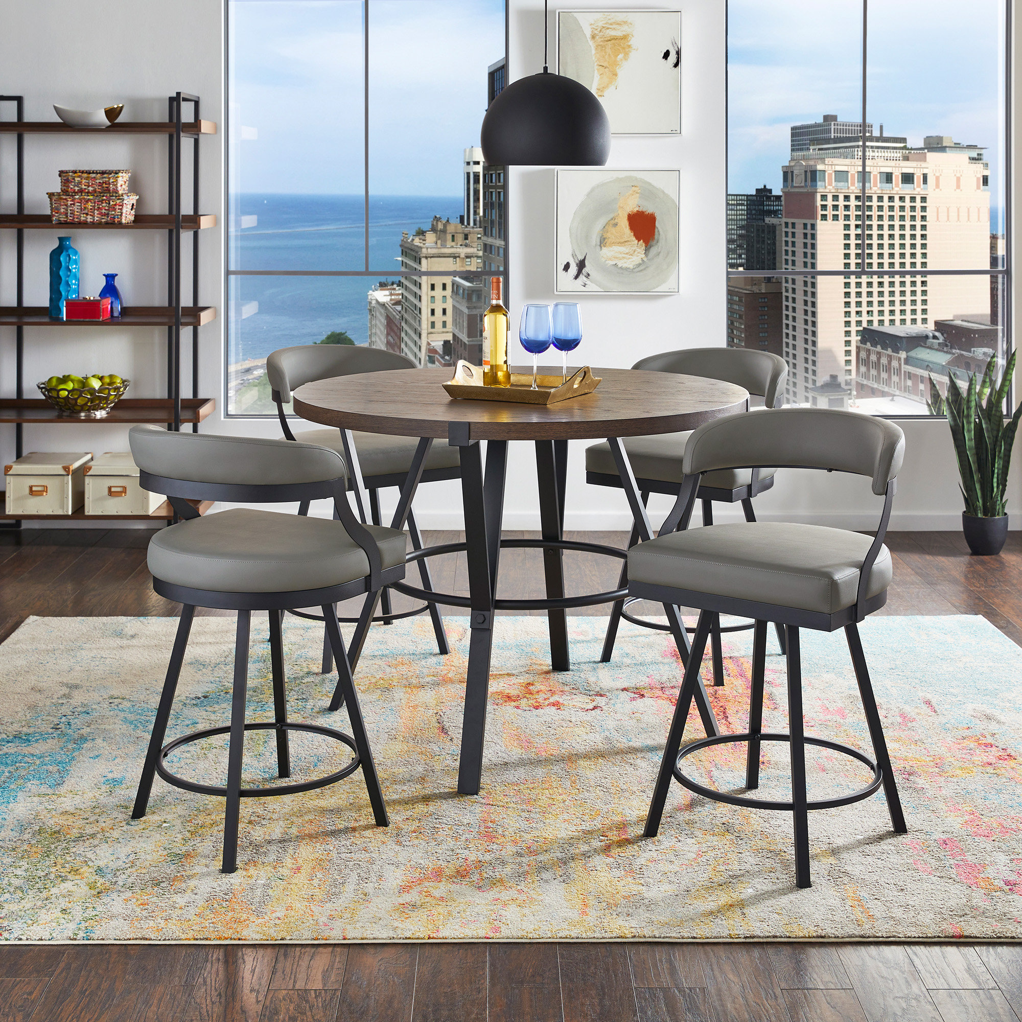 17 Stories Alisier Finish Metal Round Counter Height Table With Vegan ...