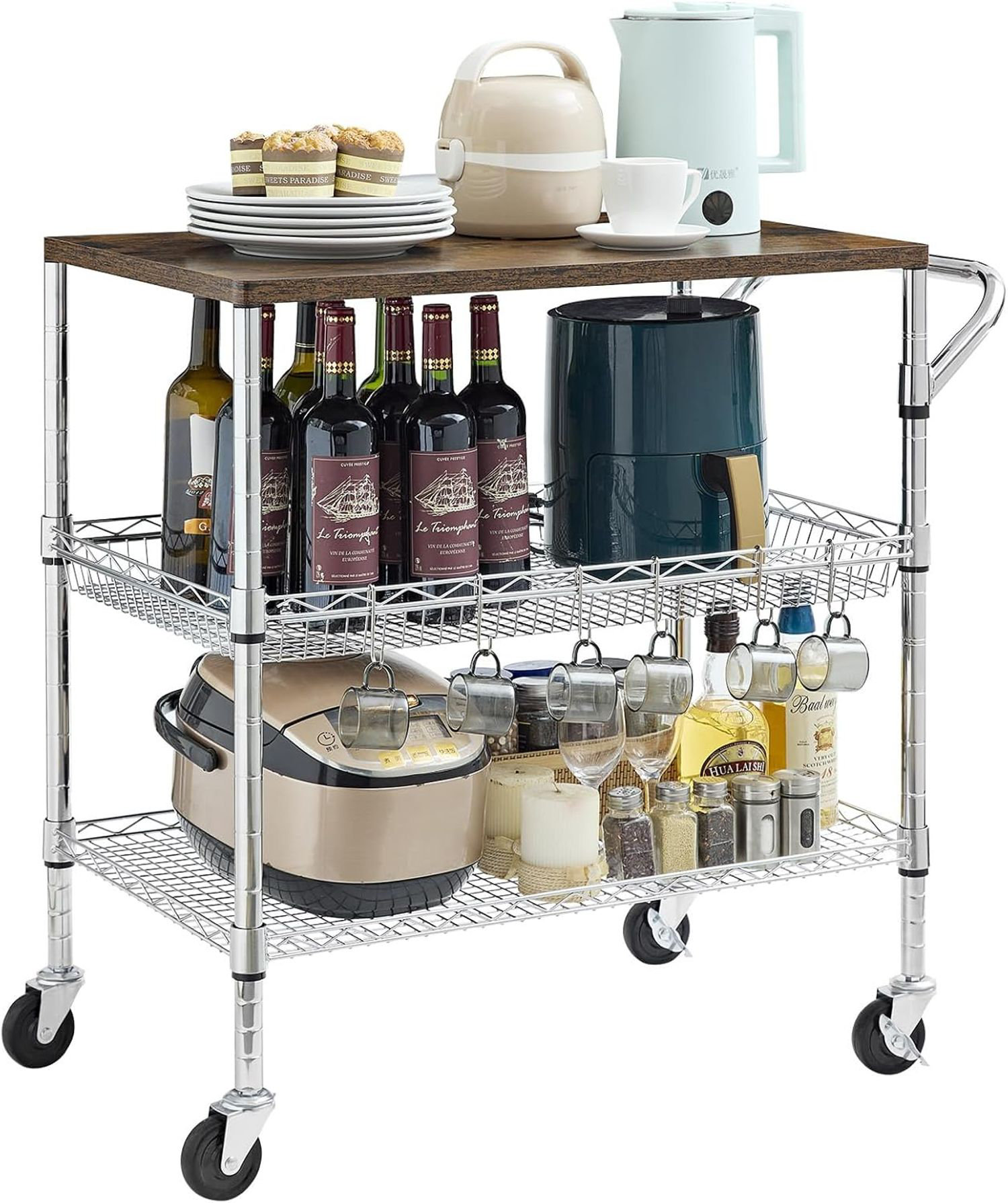 17 Stories 650LBS Heavy Duty Metal Utility Cart with Wood Top, 3 Tier ...