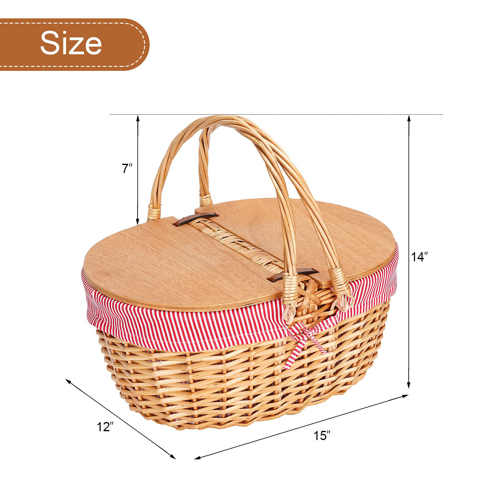 One Allium Way Wicker Picnic Basket with Liner, Wooden Split Lid Picnic ...