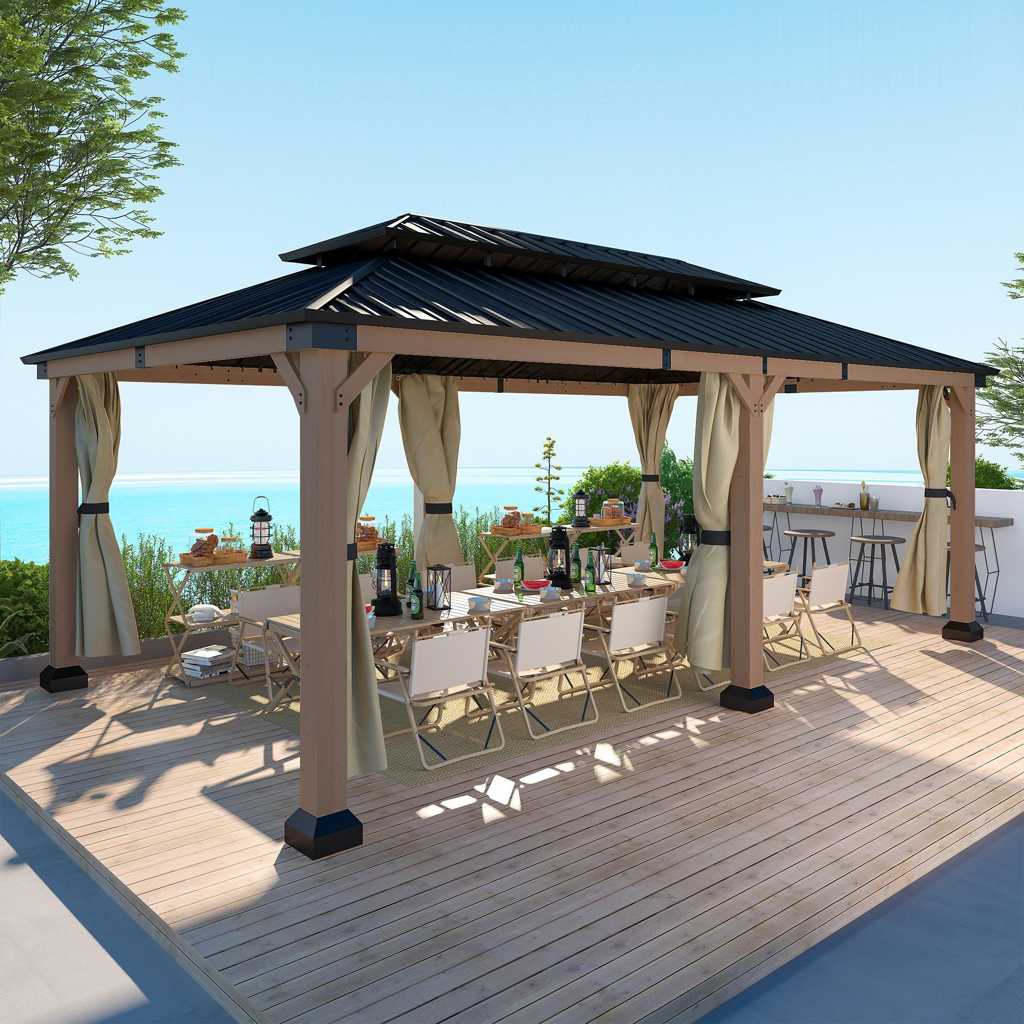 mondawe 20 Ft. W x 12 Ft. D Solid Cedar Wood Patio Gazebo with Curtains ...